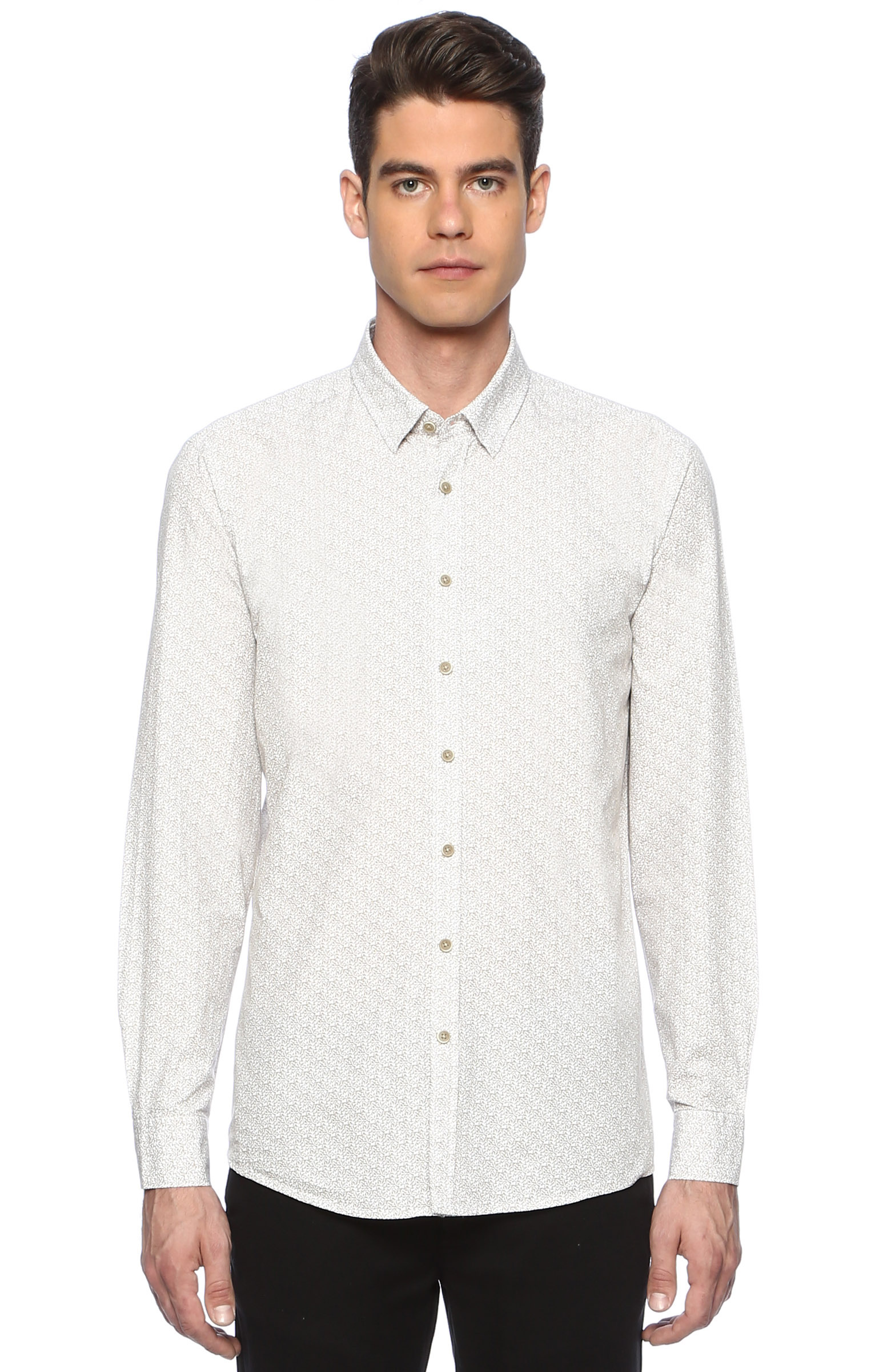 Baskılı Slim Fit Beyaz Bej Gömlek