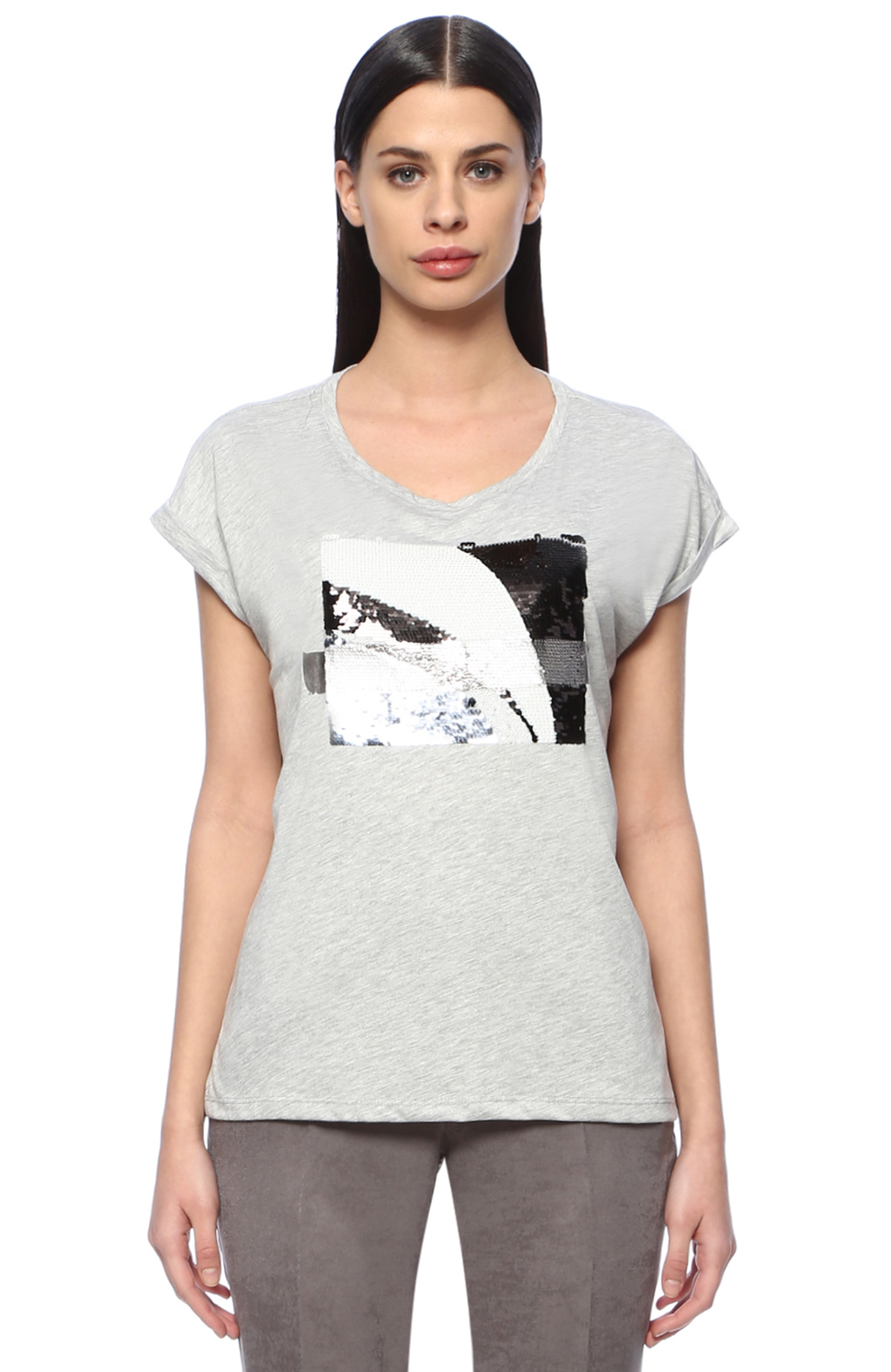 Bisiklet Yaka Gri Melanj Tshirt