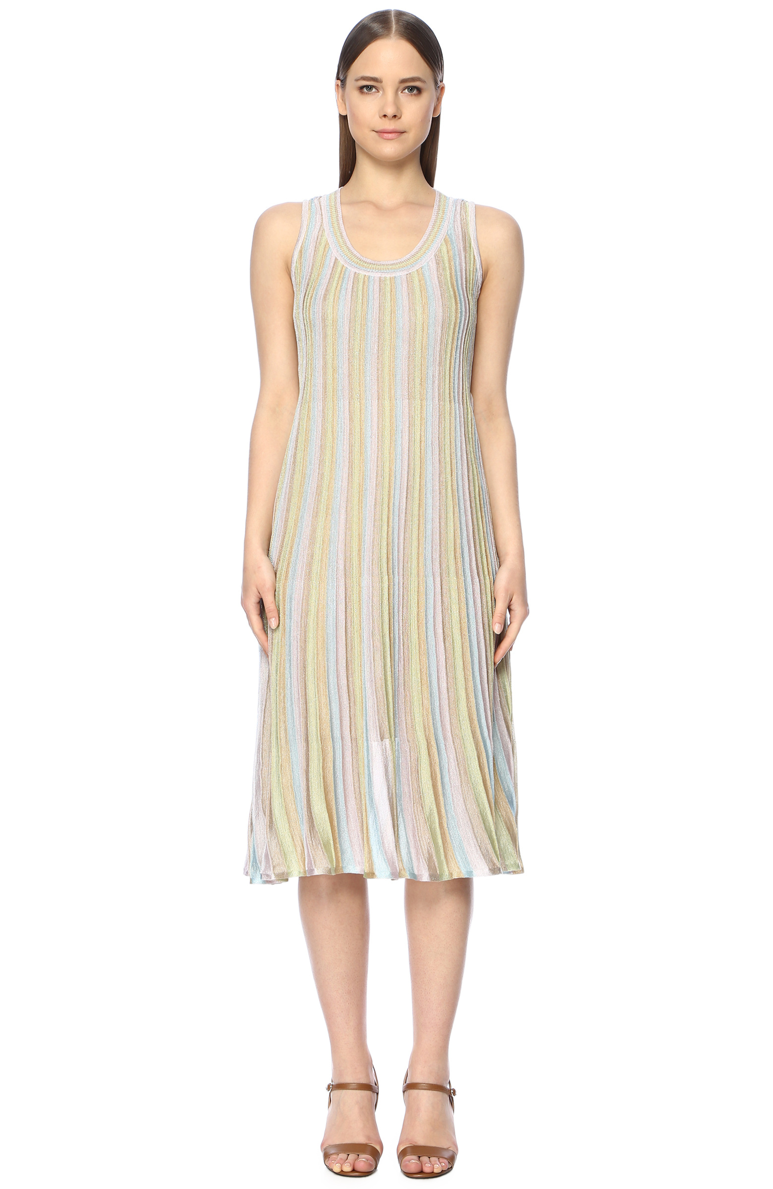 U Yaka Sarı Yeşil Elbise