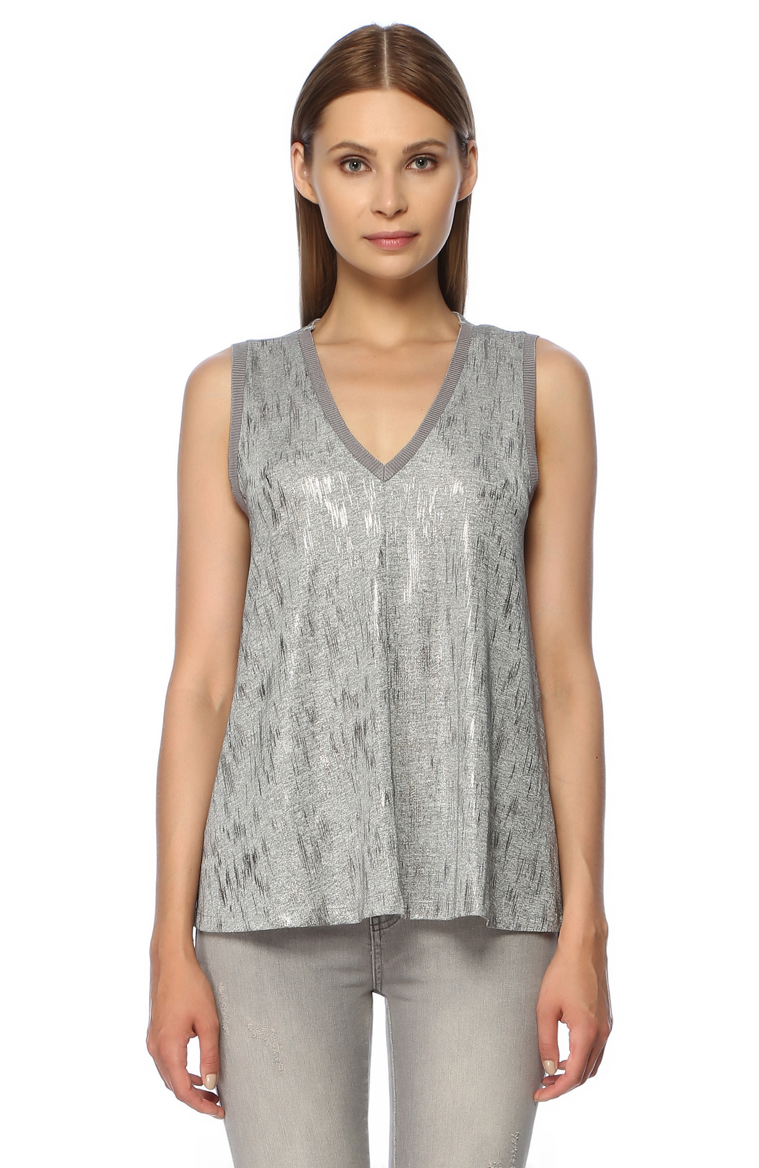 V Yaka Gri Melanj Tshirt