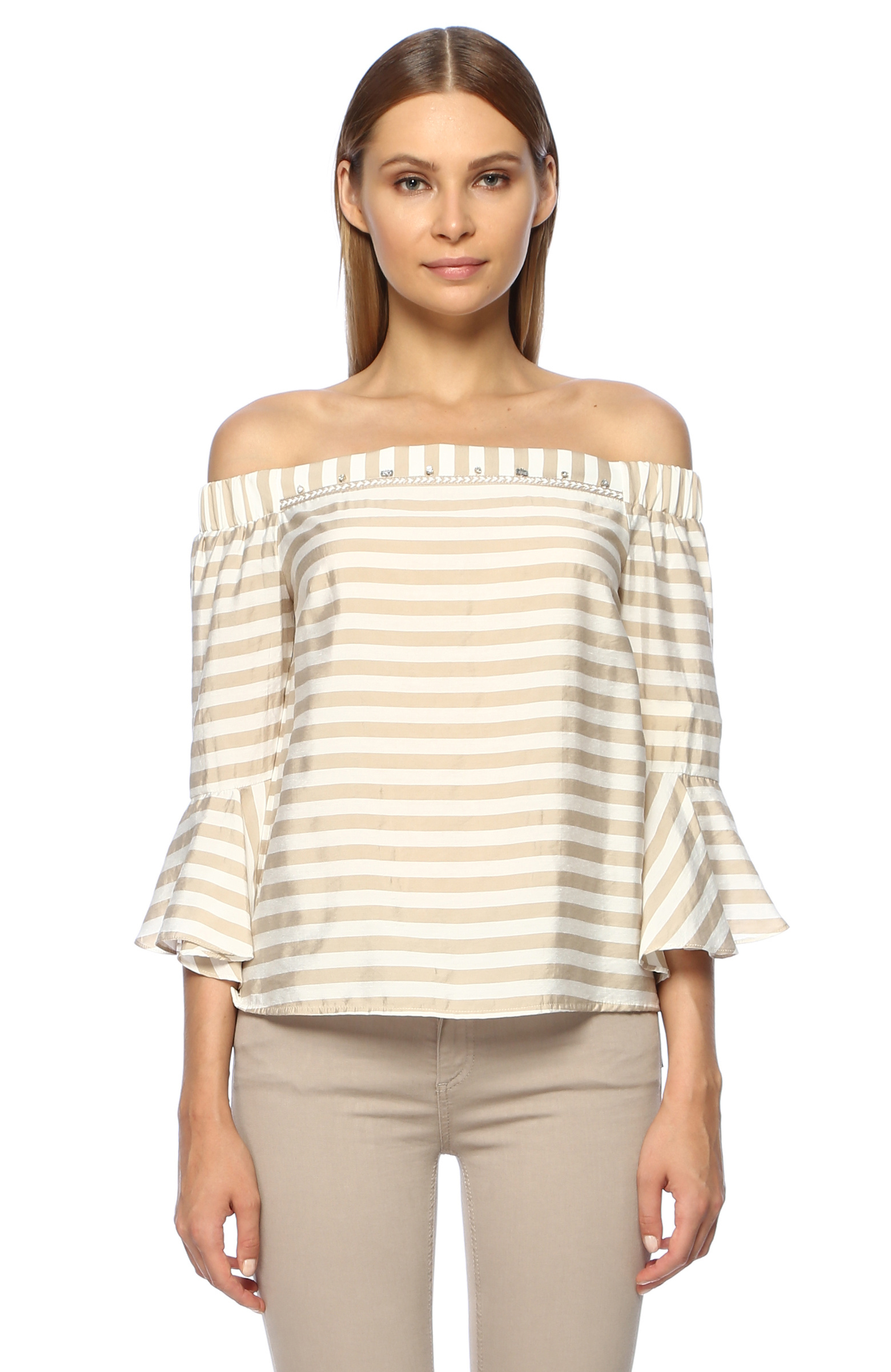 Çizgili Straplez Bej Çizgili Bluz