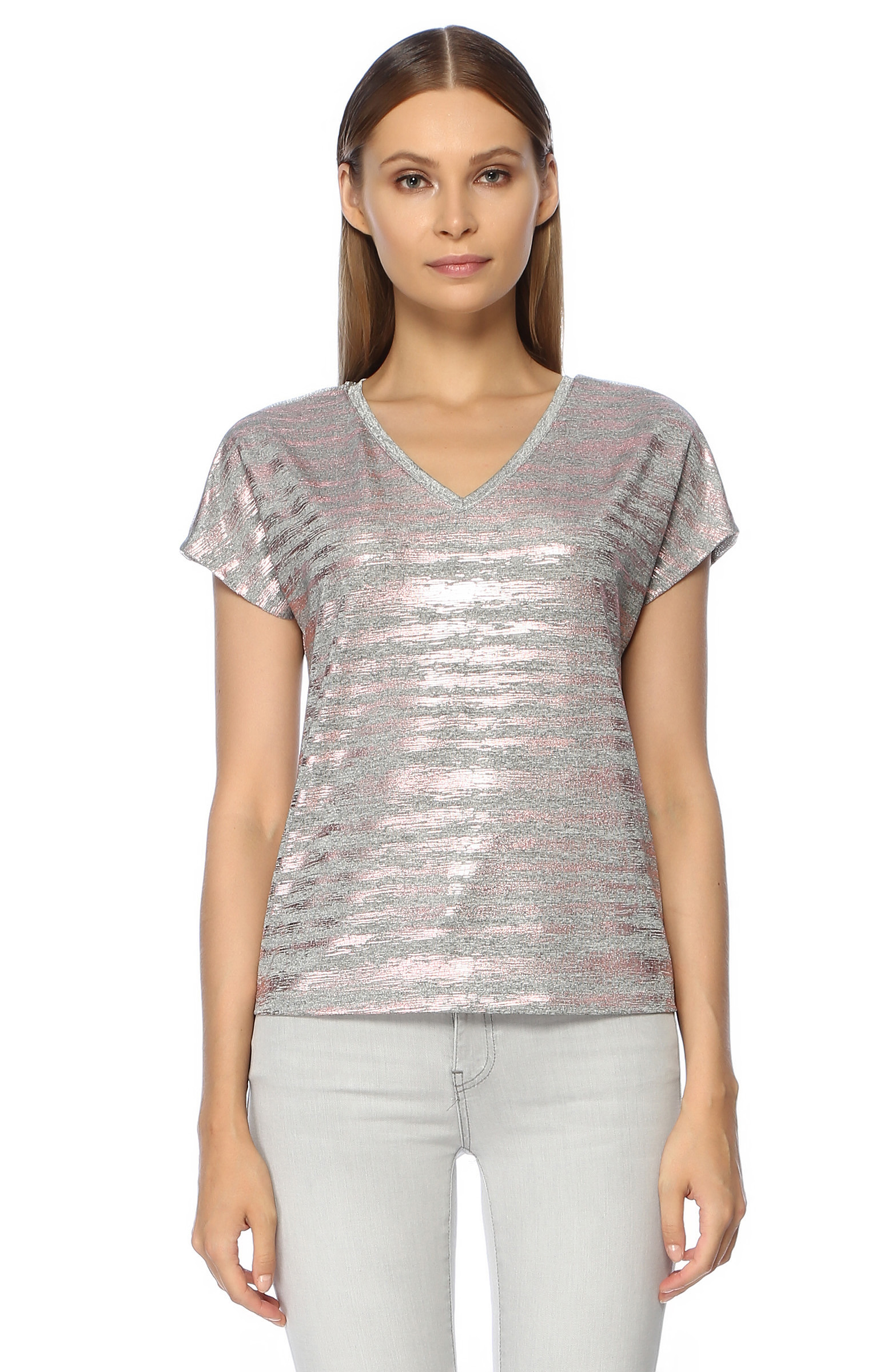 V Yaka Gri Melanj Tshirt