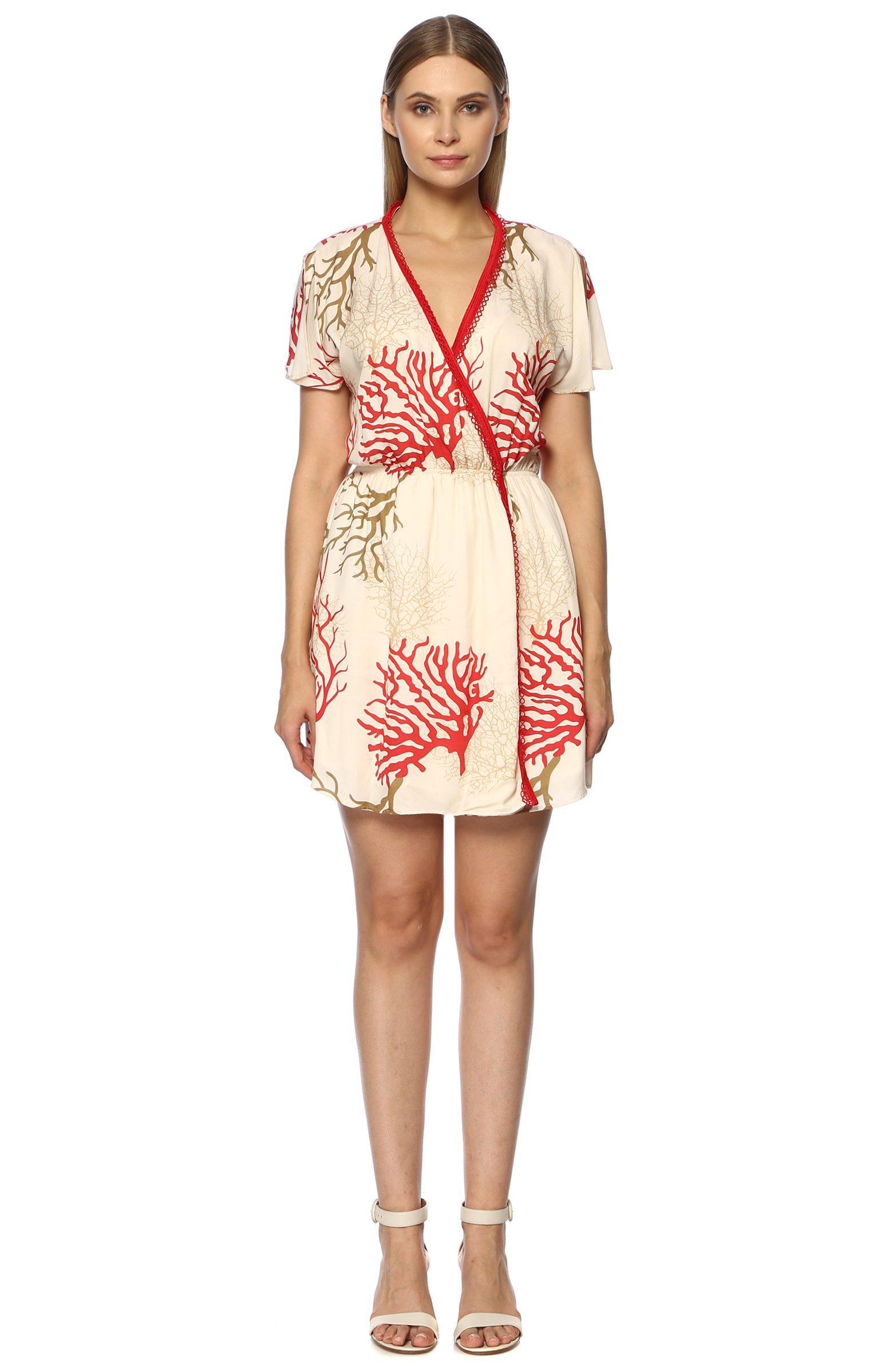 Kruvaze Yaka Kırmızı Ekru Elbise Kruvaze Yaka Kırmızı Ekru Elbise