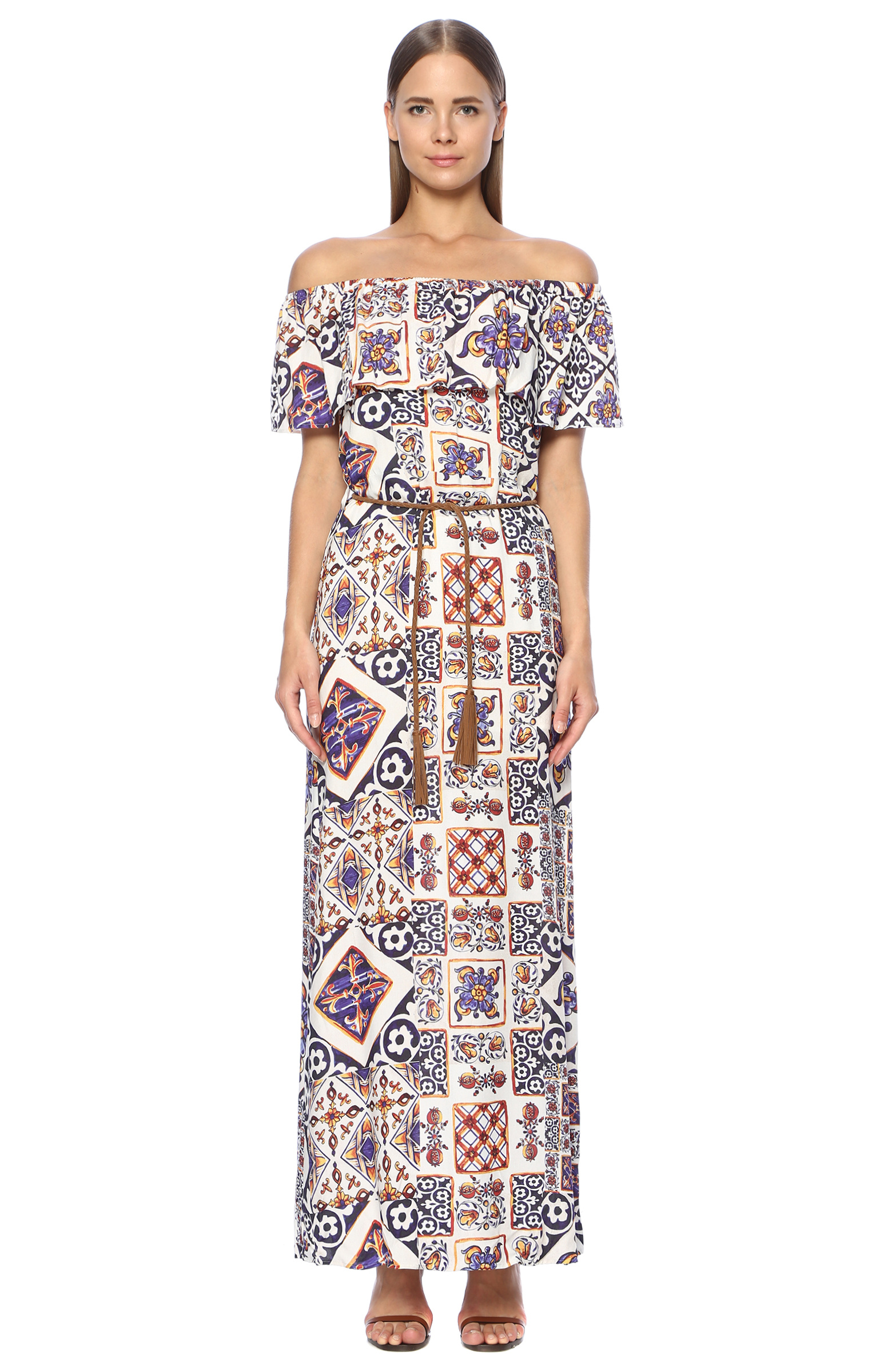 Straplez Mor Desen Uzun Elbise