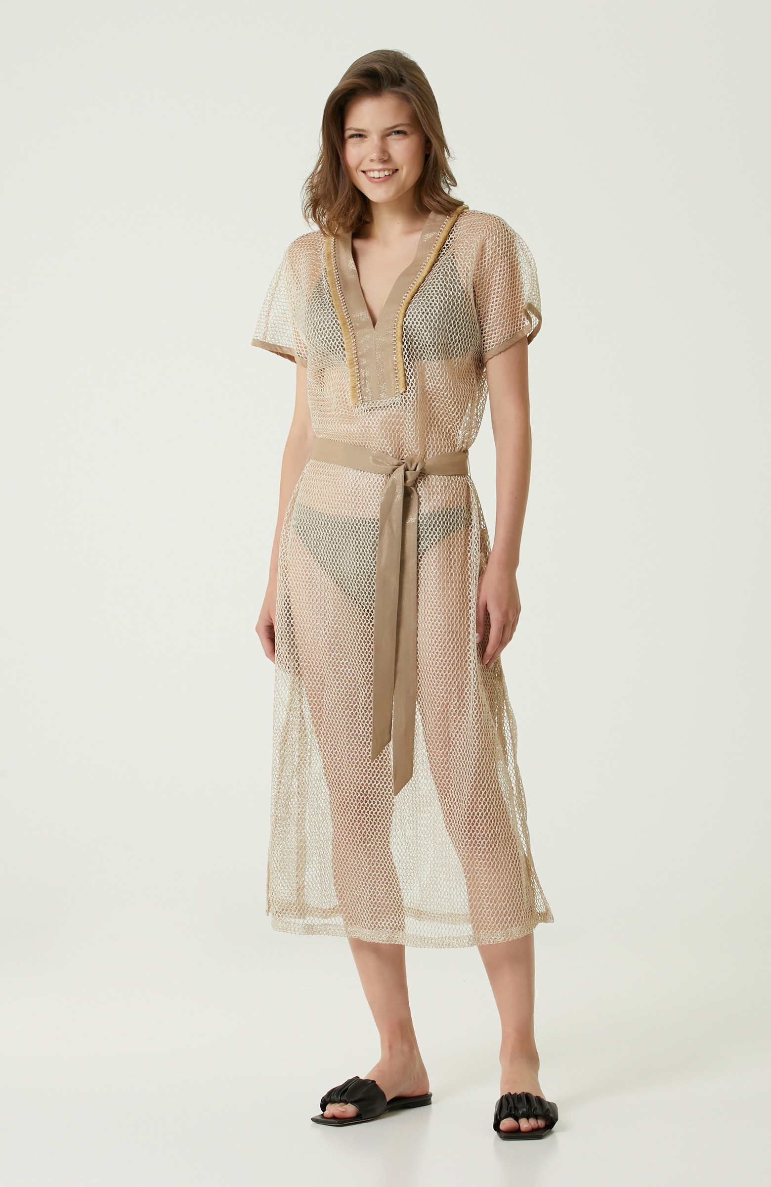 V Yaka Ekru Desen Pareo