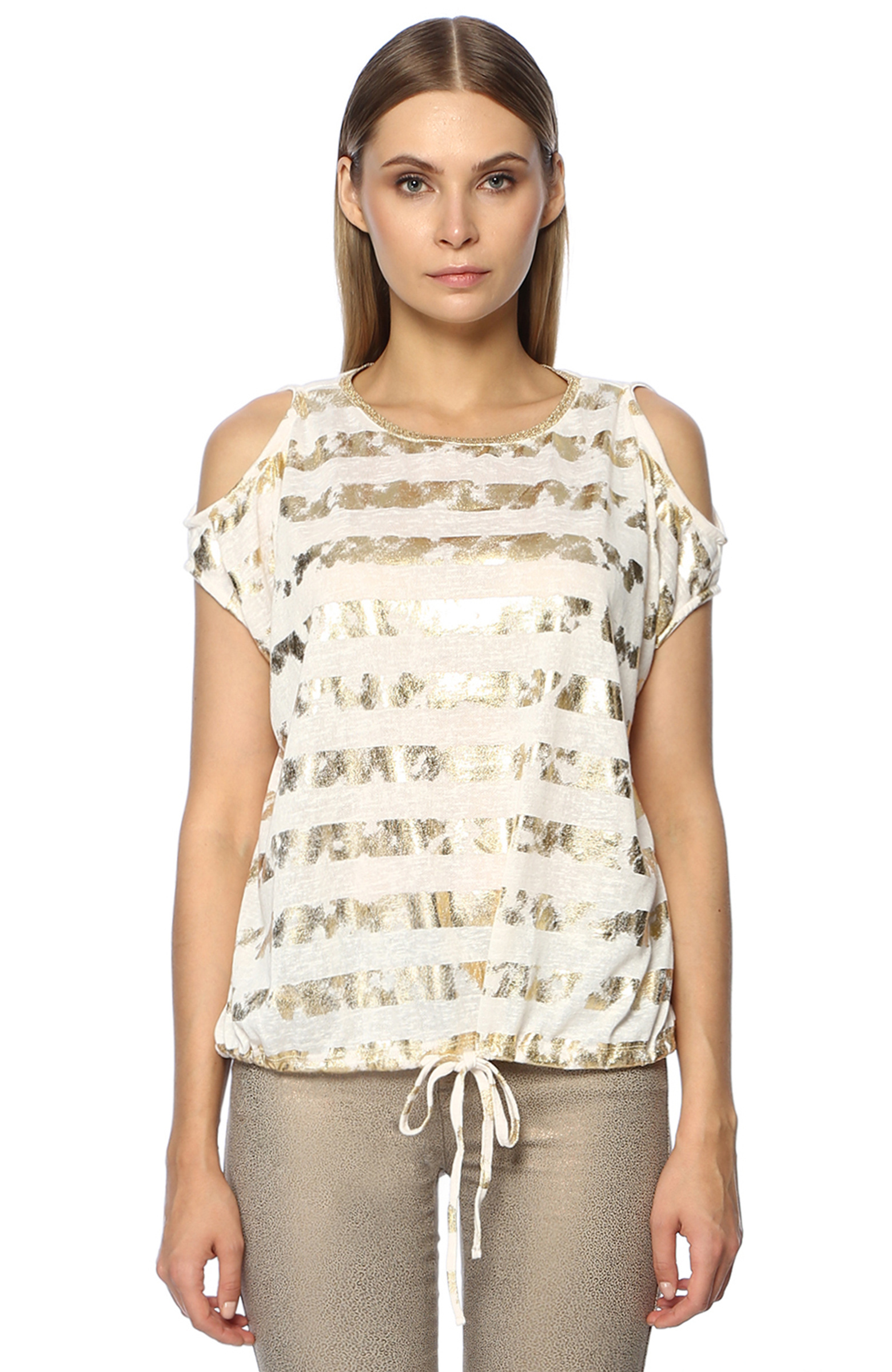 Bej Bisiklet Yaka Varaklı Basic T-Shirt