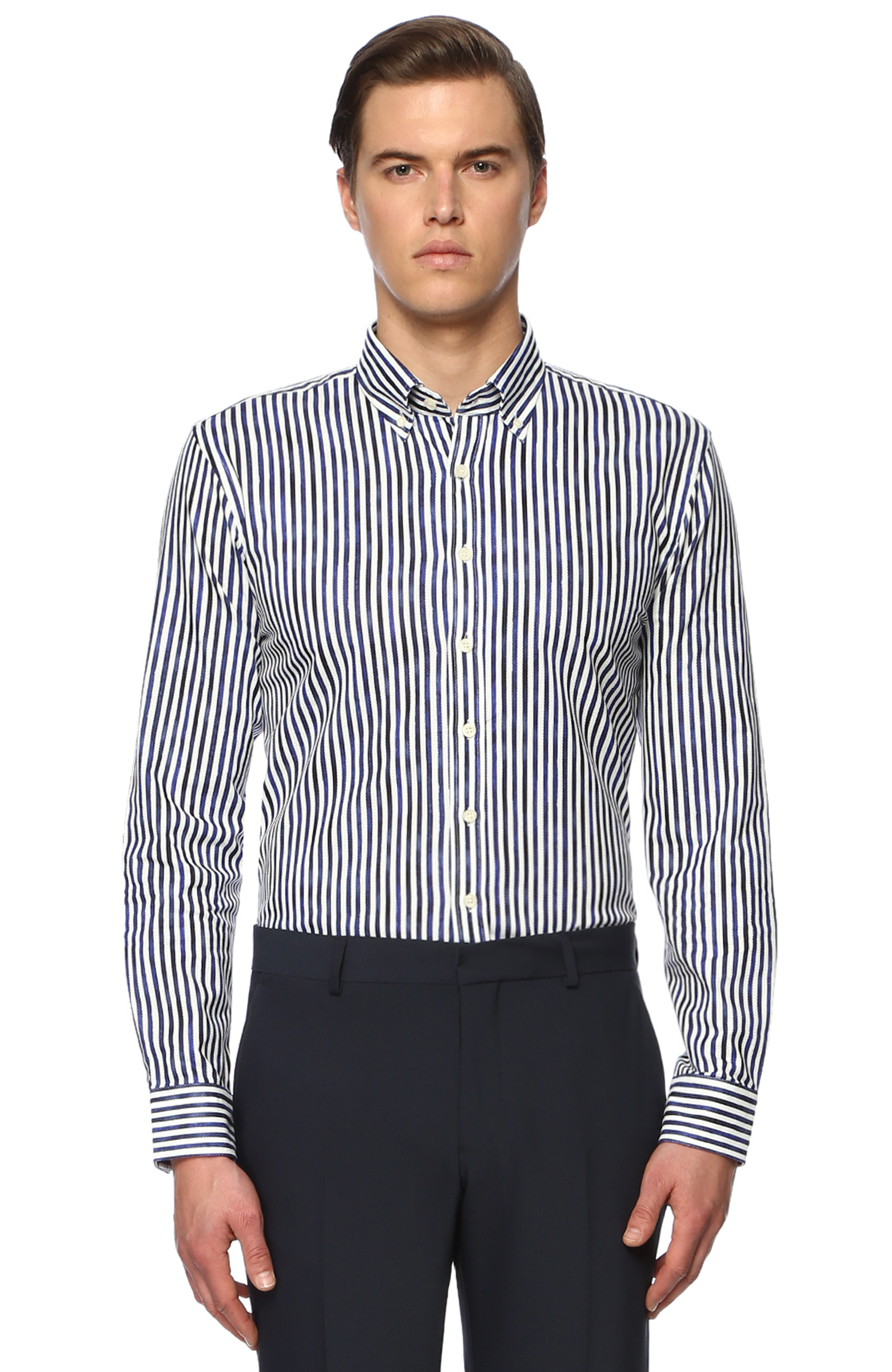 Çizgili Uzun Kol Lacivert Gömlek