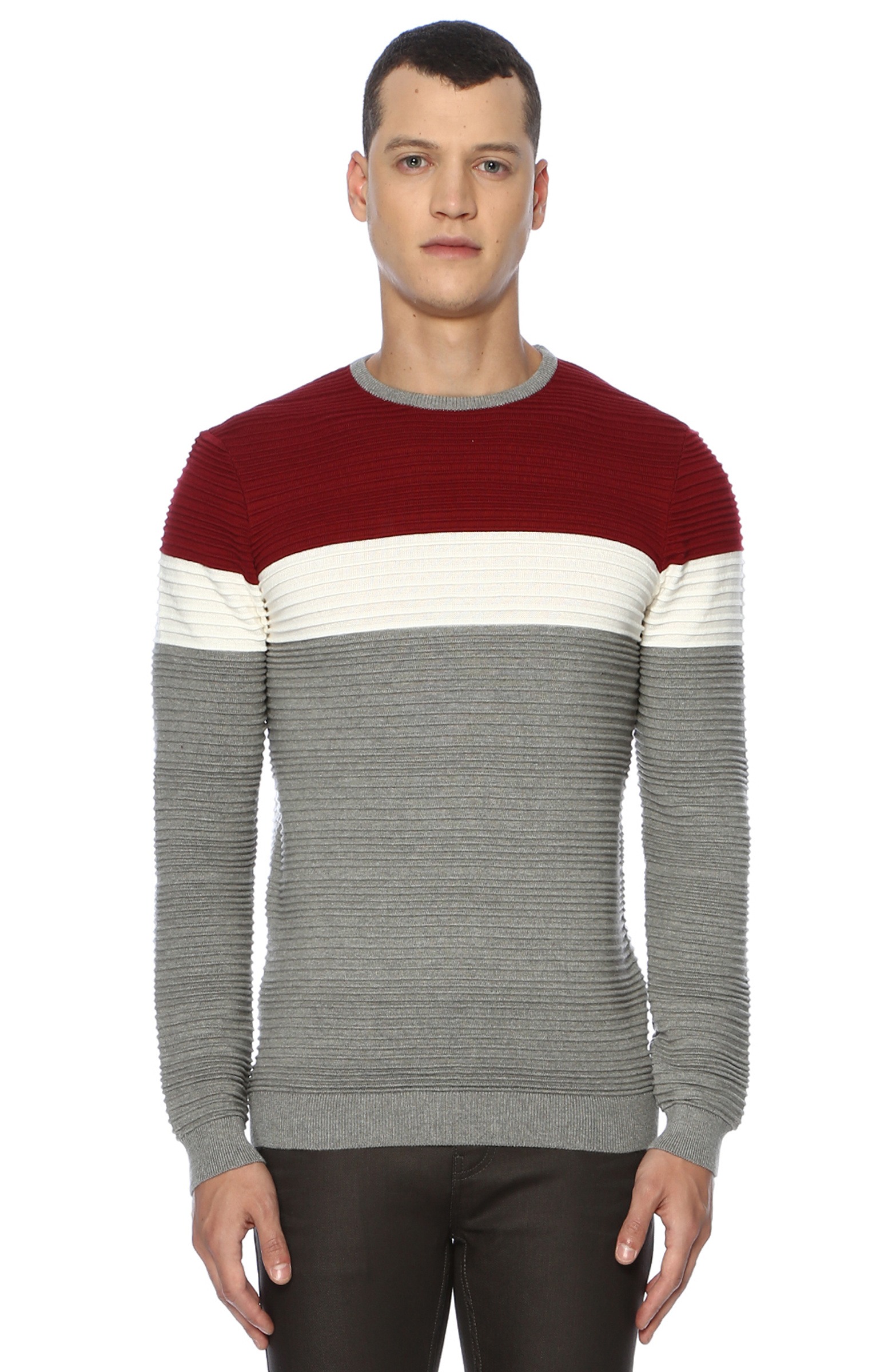 Çizgili Uzun Kol Gri Kazak