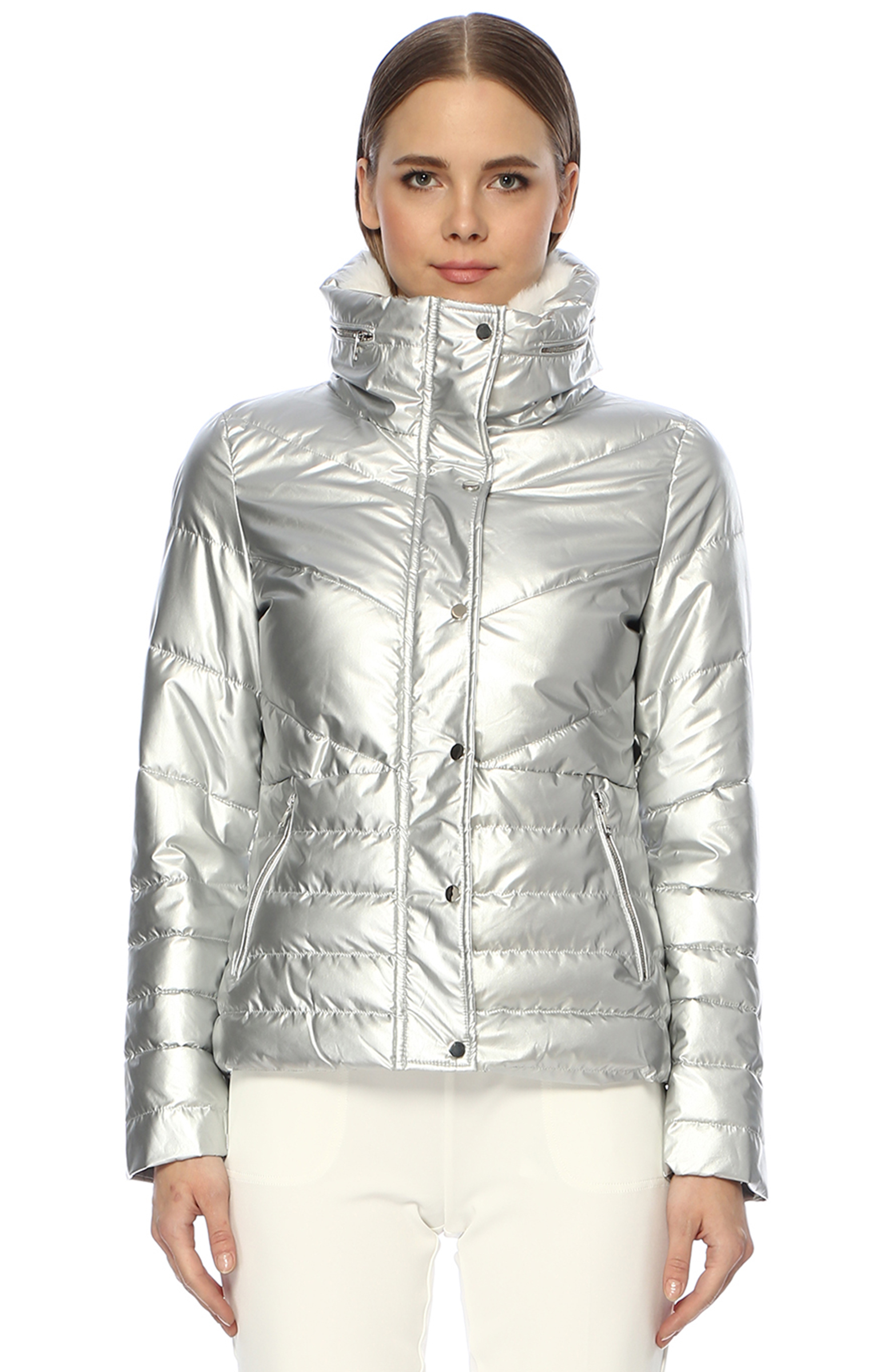 Iç Yakası Kürklü Parlak Gümüş Mont Iç Yakası Kürklü Parlak Gümüş Mont