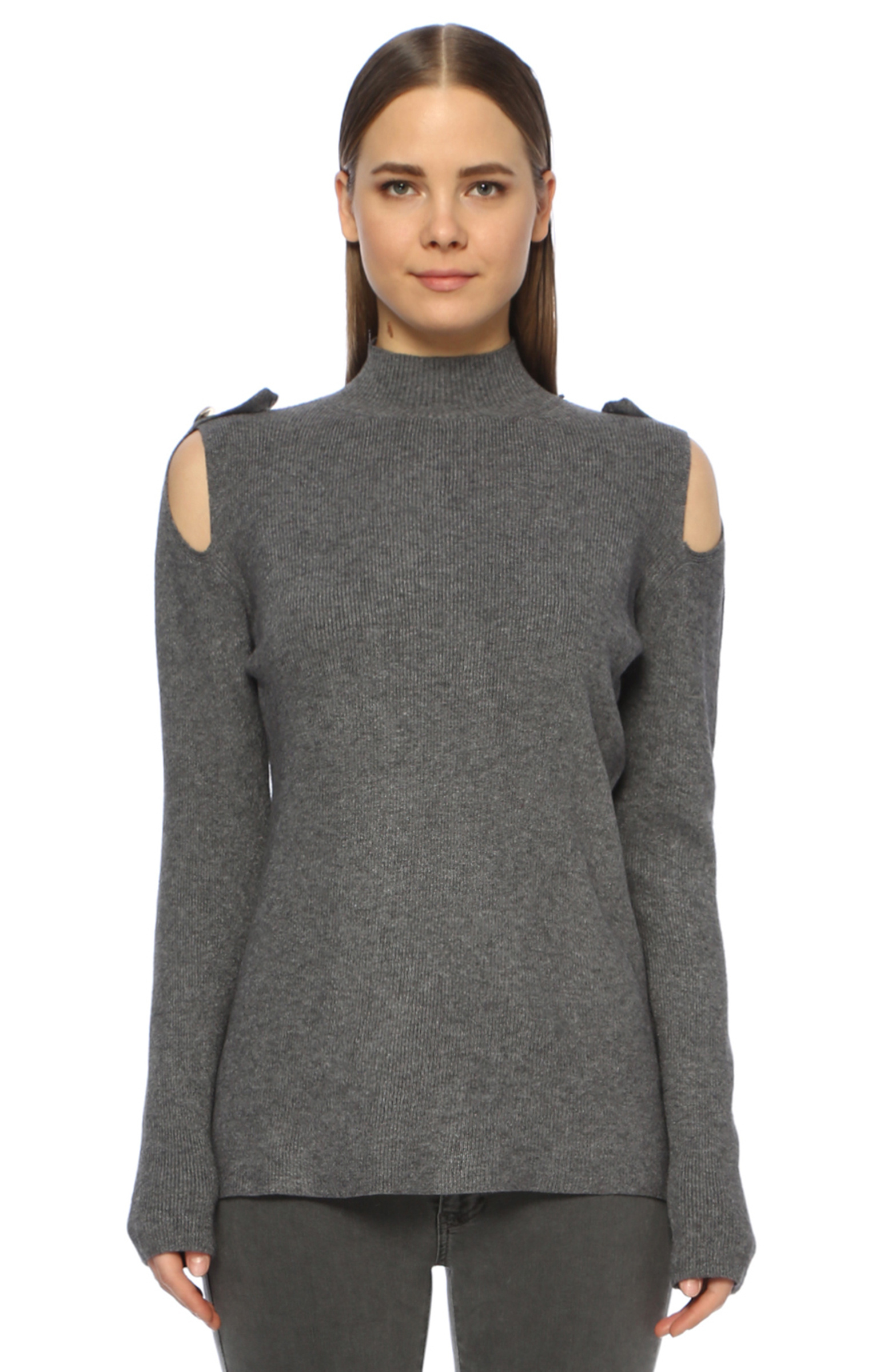 Omuzları Düğmeli Gri Melanj Kazak Omuzları Düğmeli Gri Melanj Kazak