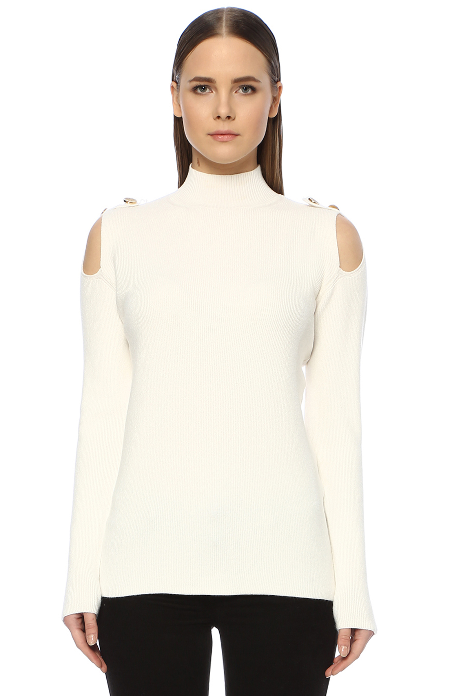 Omuzları Düğmeli Ekru Kazak