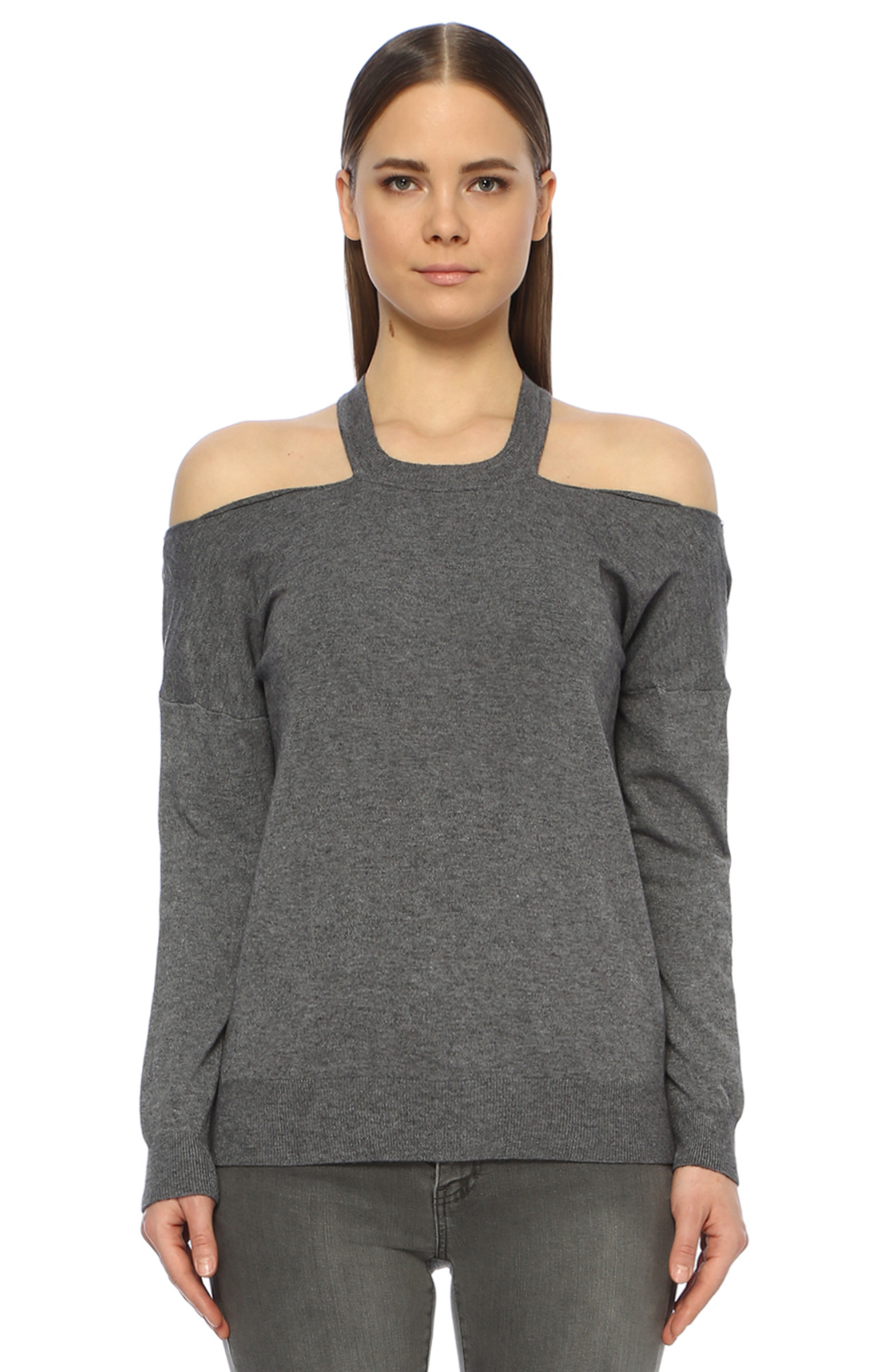 Omuzları Açık Gri Melanj Kazak