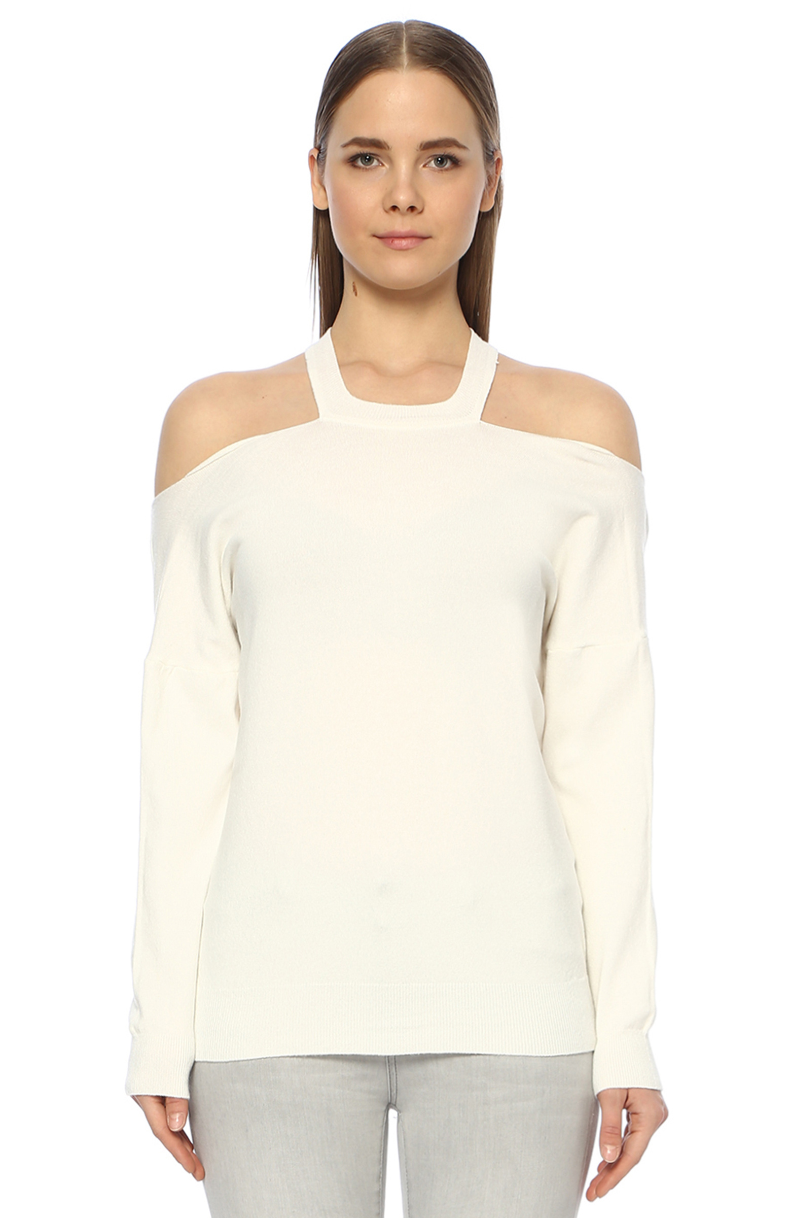 Omuzları Açık Ekru Kazak