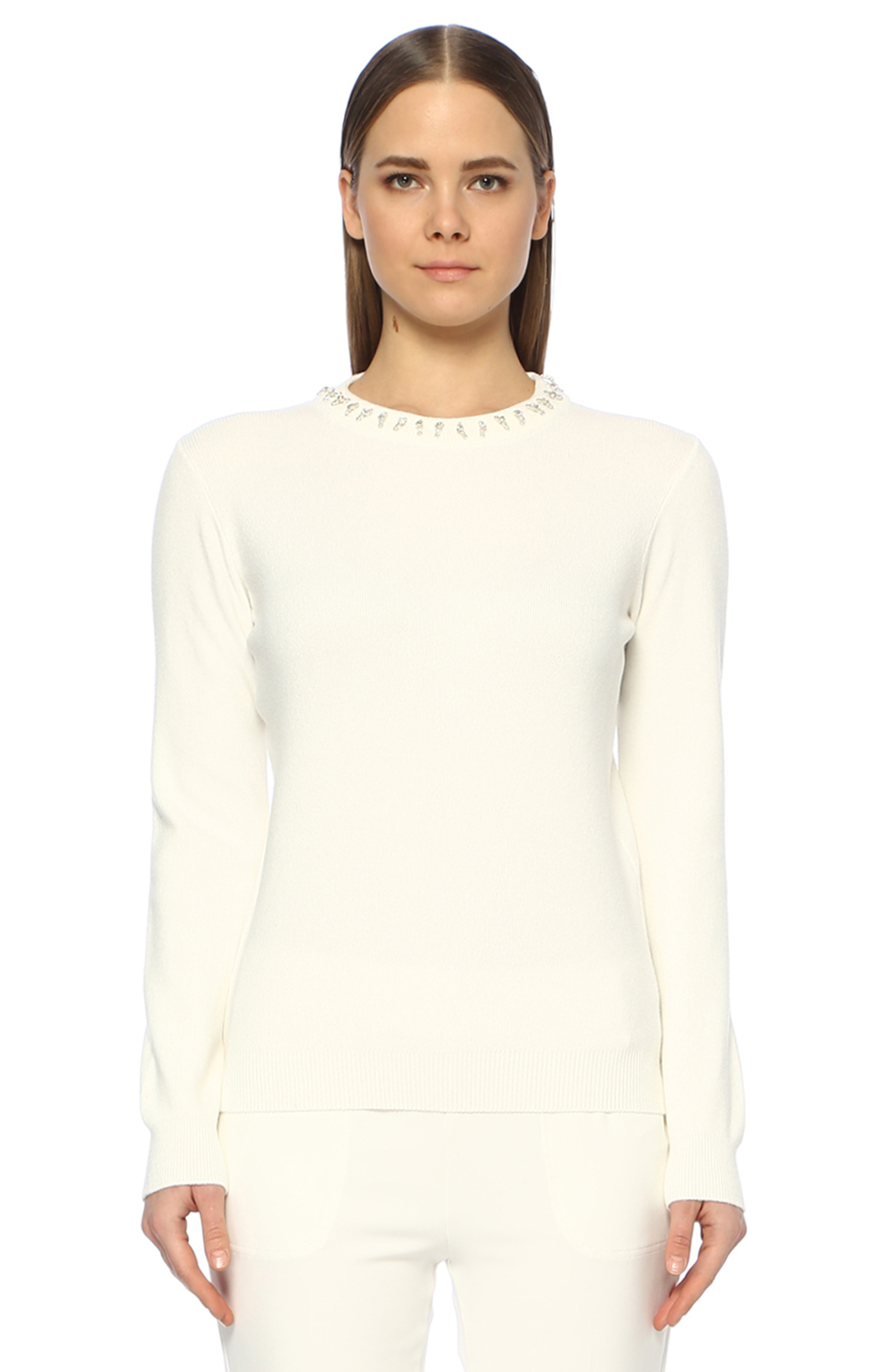 Yakası Taşlı Ekru Kazak