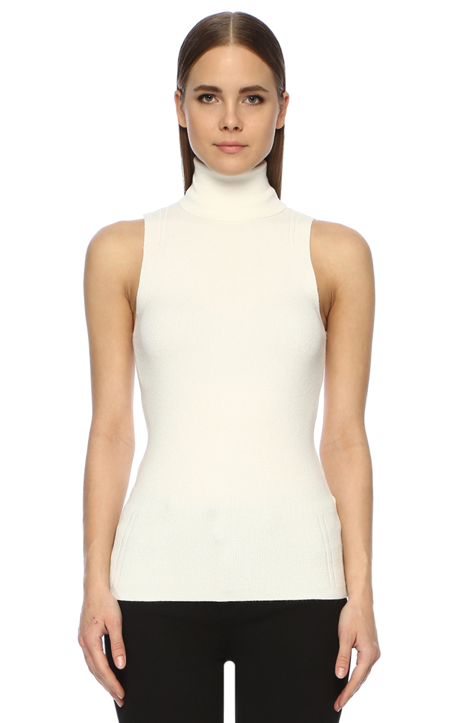 Kolsuz Balıkçı Yaka Ekru Kazak Kolsuz Balıkçı Yaka Ekru Kazak