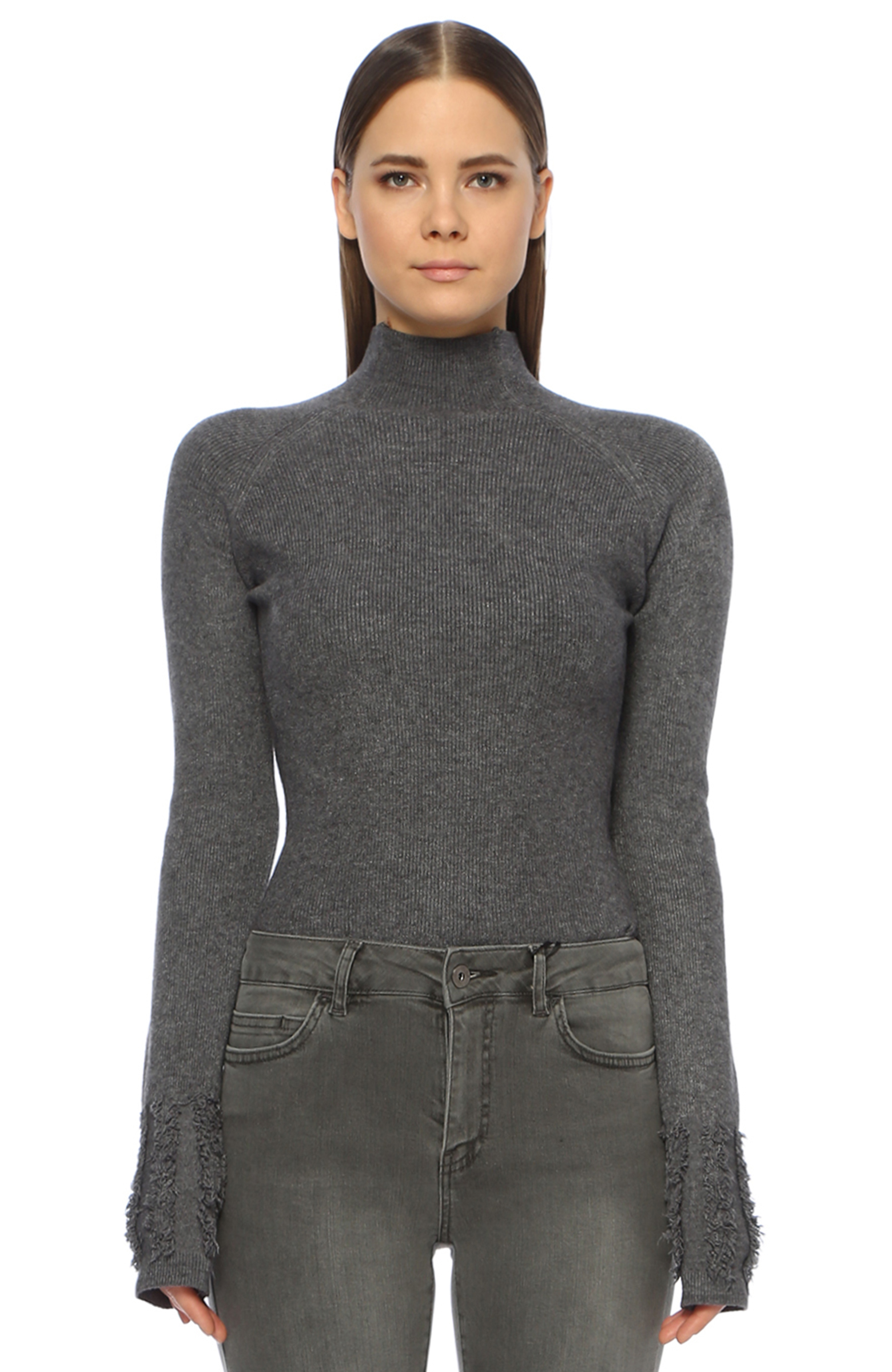 Kol Püskül Detaylı Gri Melanj Kazak