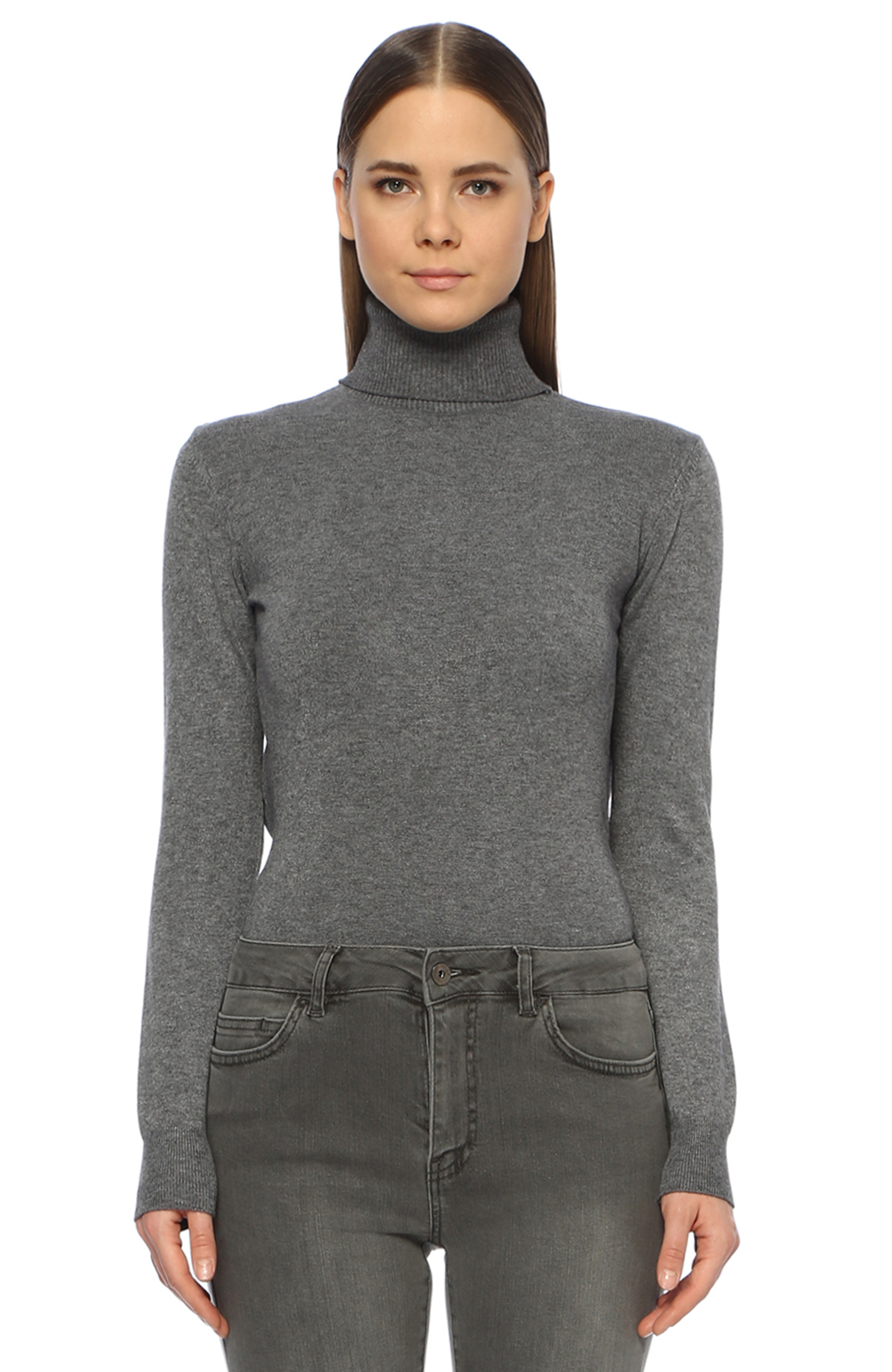 Balıkçı Yakası Ribana Detaylı Gri Melanj Kazak