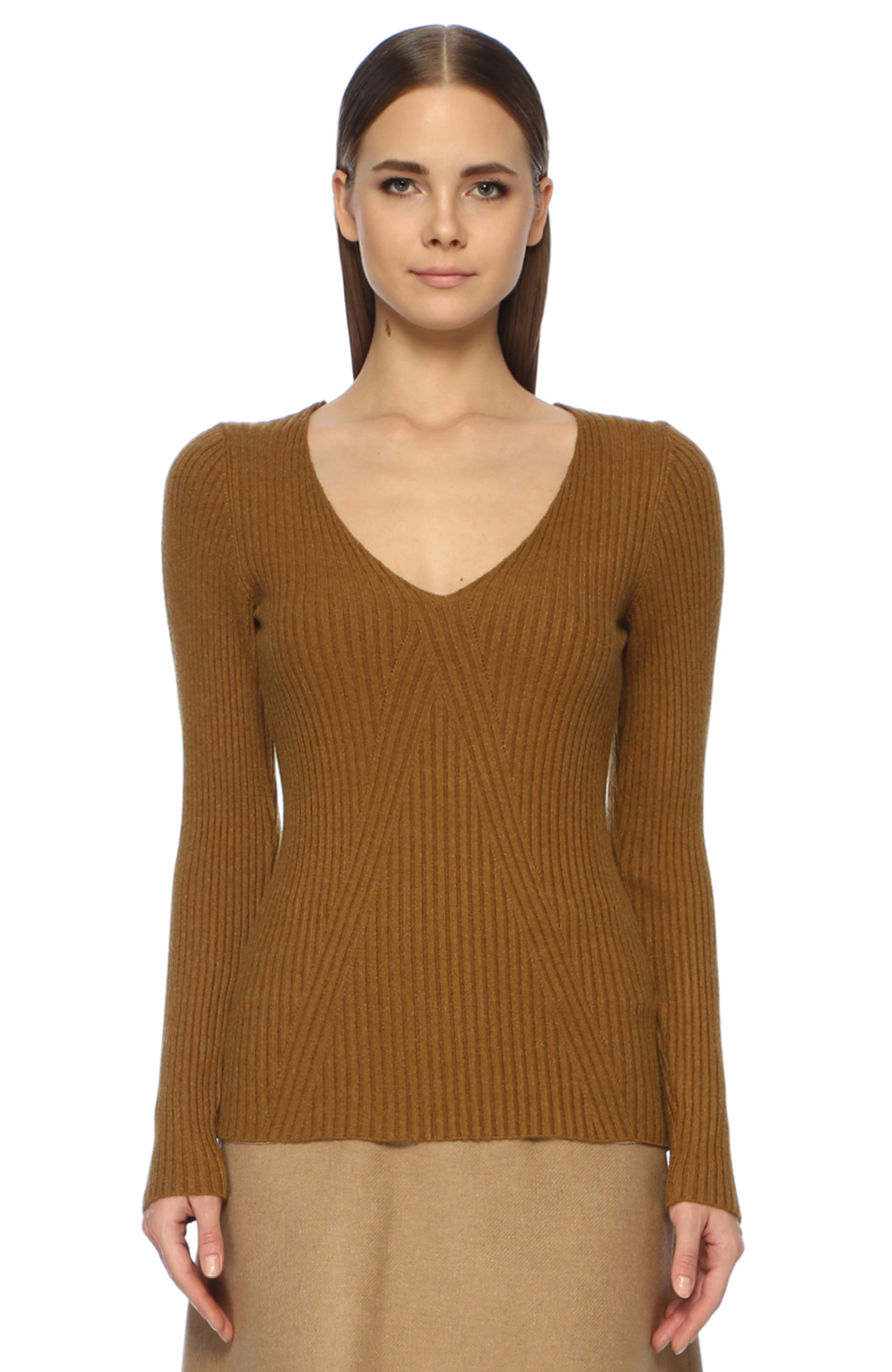 Ribana Örgülü V Yaka Camel Camel Kazak