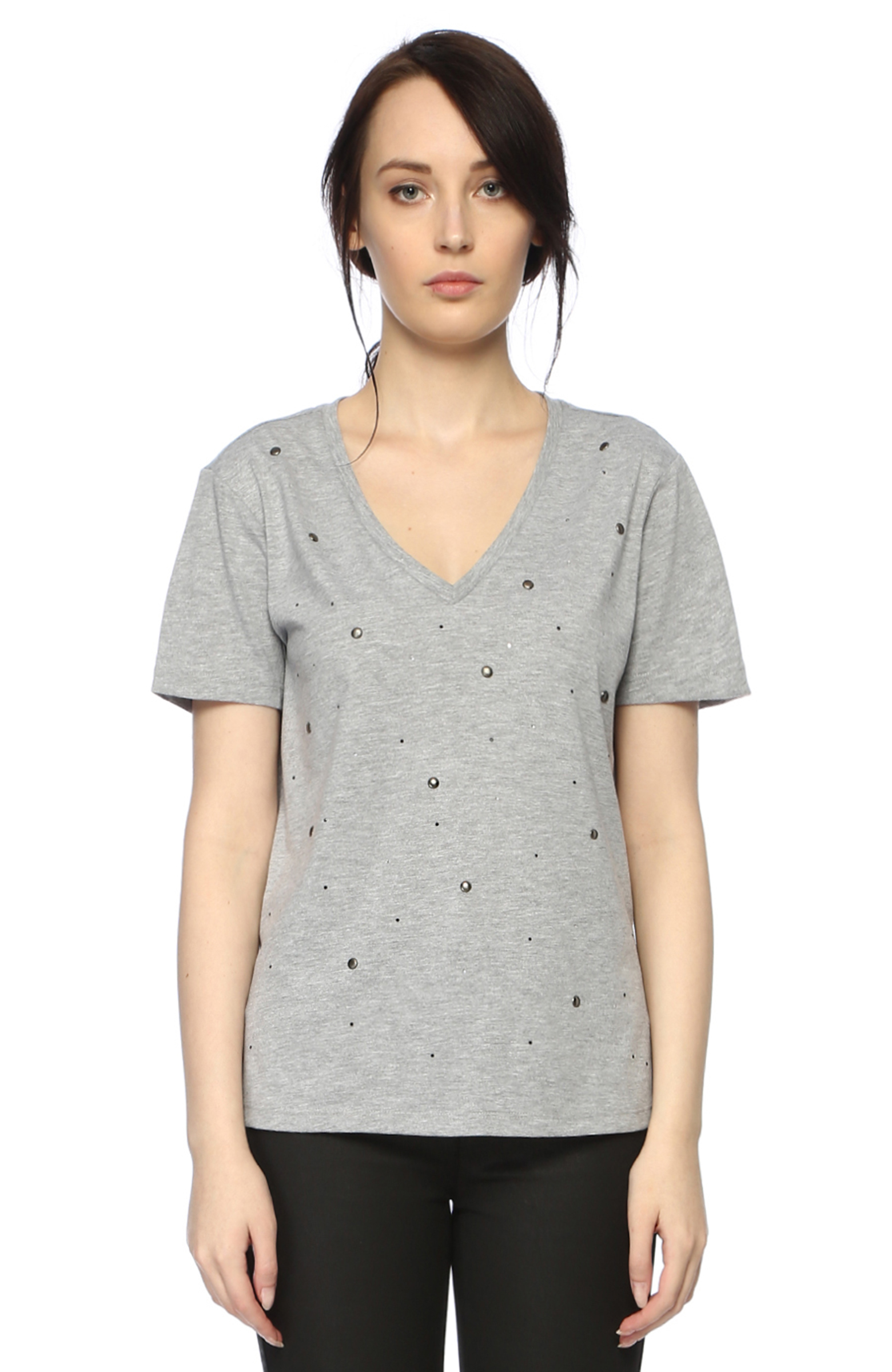 V Yaka Gri Melanj Tshirt