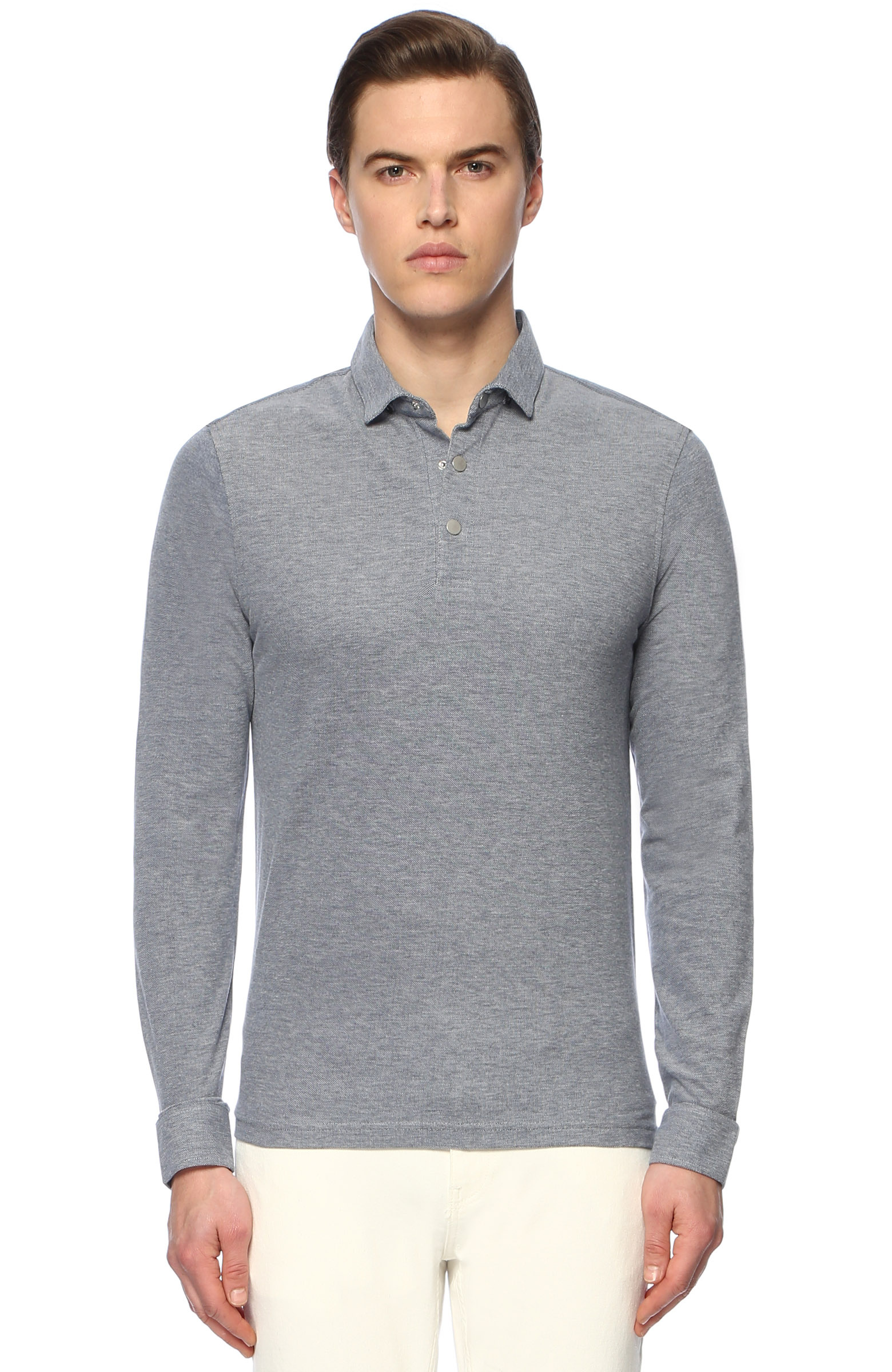 Polo Yaka Gri Lacivert Sweatshirt