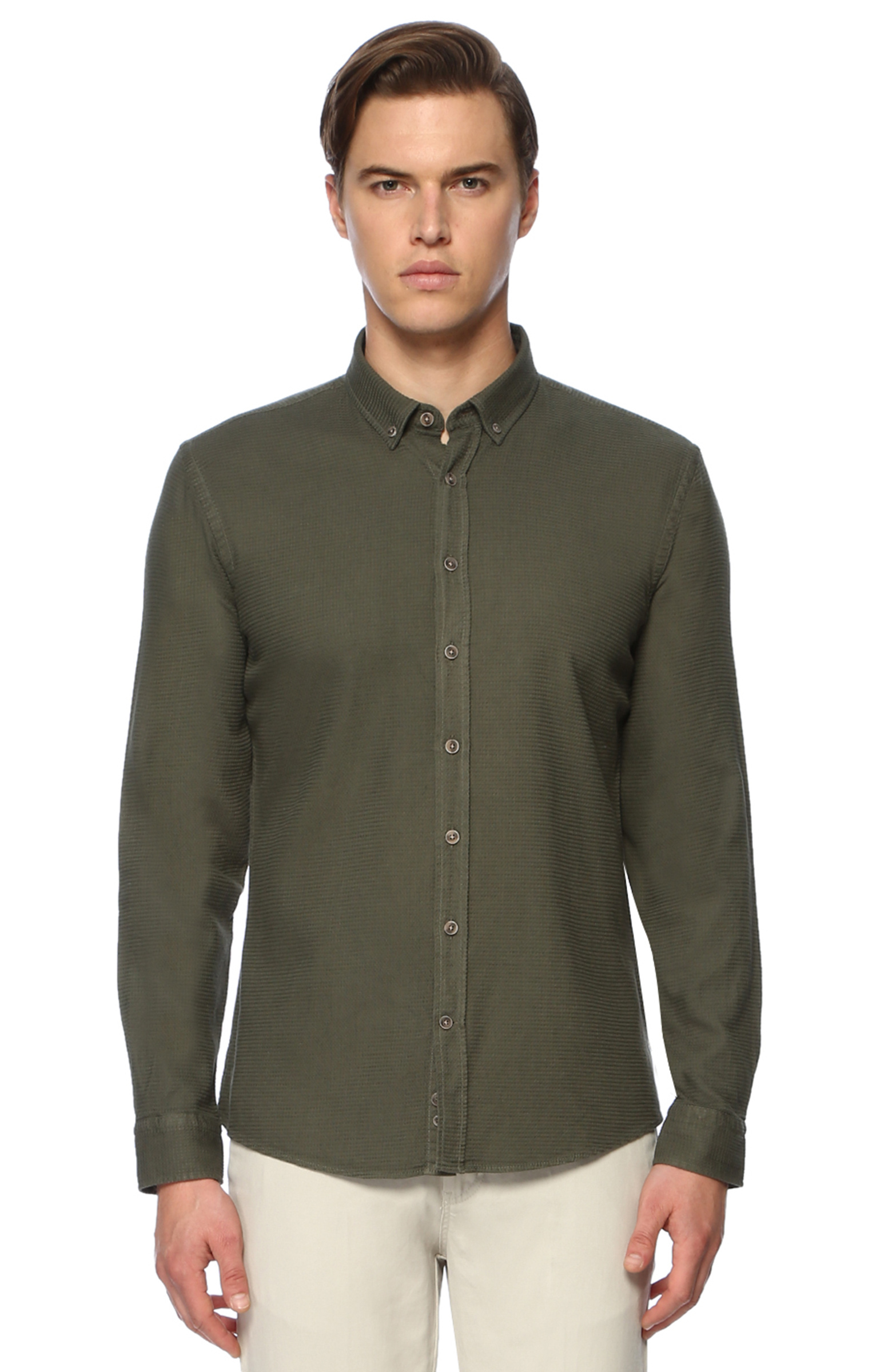 Jakarlı Slim Fit Haki Gömlek