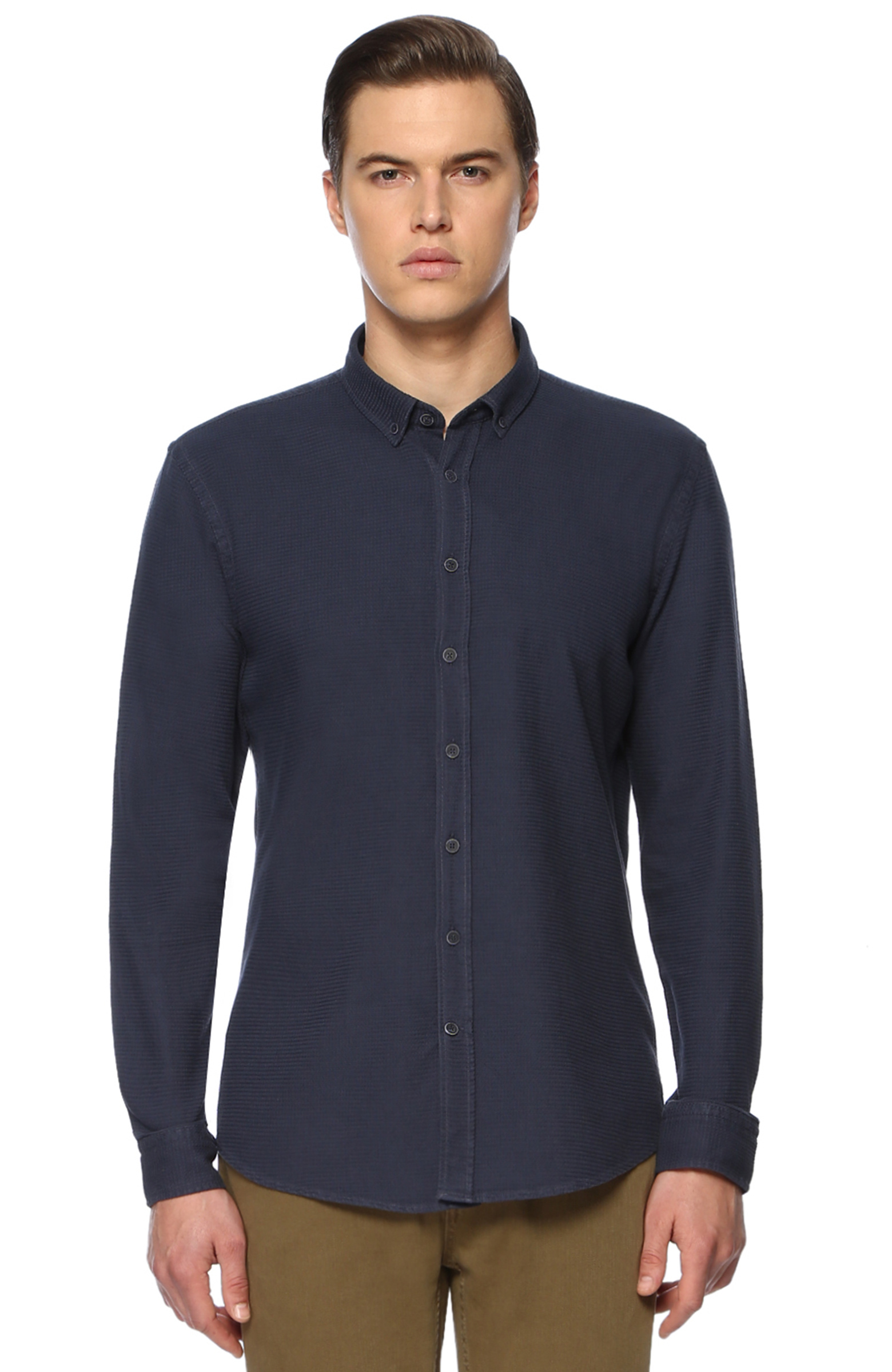 Jakarlı Slim Fit Lacivert Gömlek