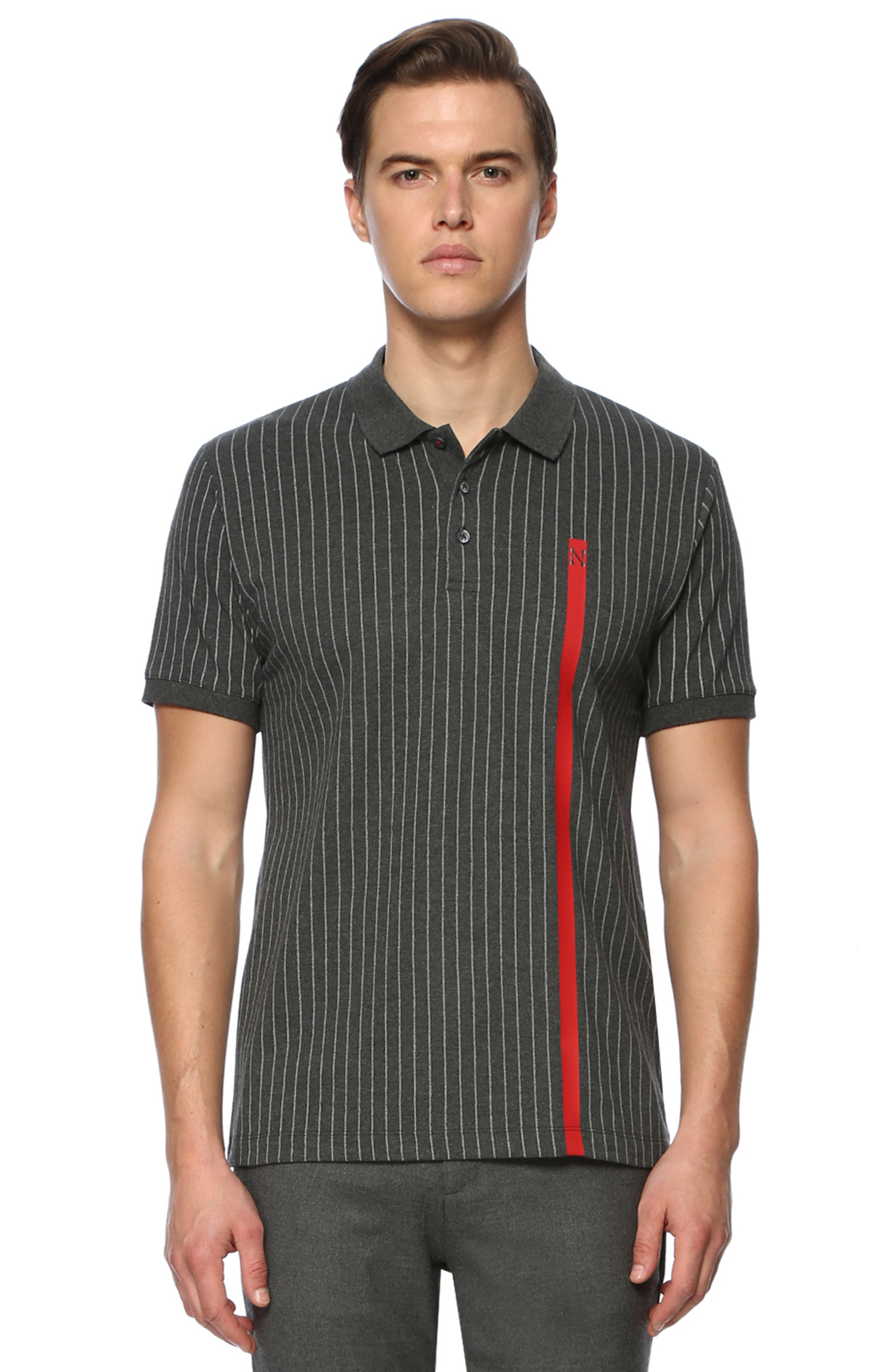 Çizgili Kısa Kol Antrasit Melanj Tshirt