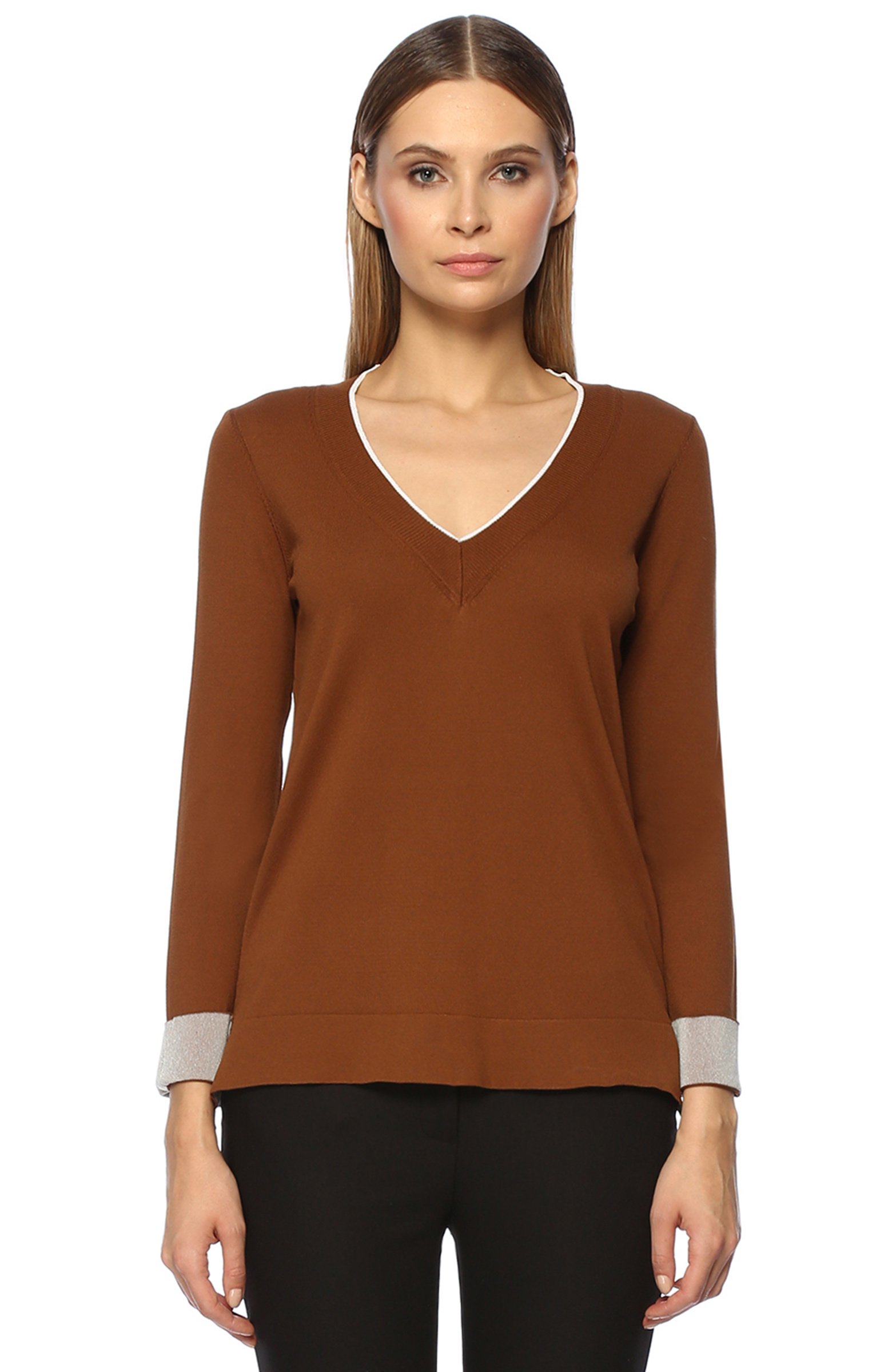 V Yaka Kahverengi Triko