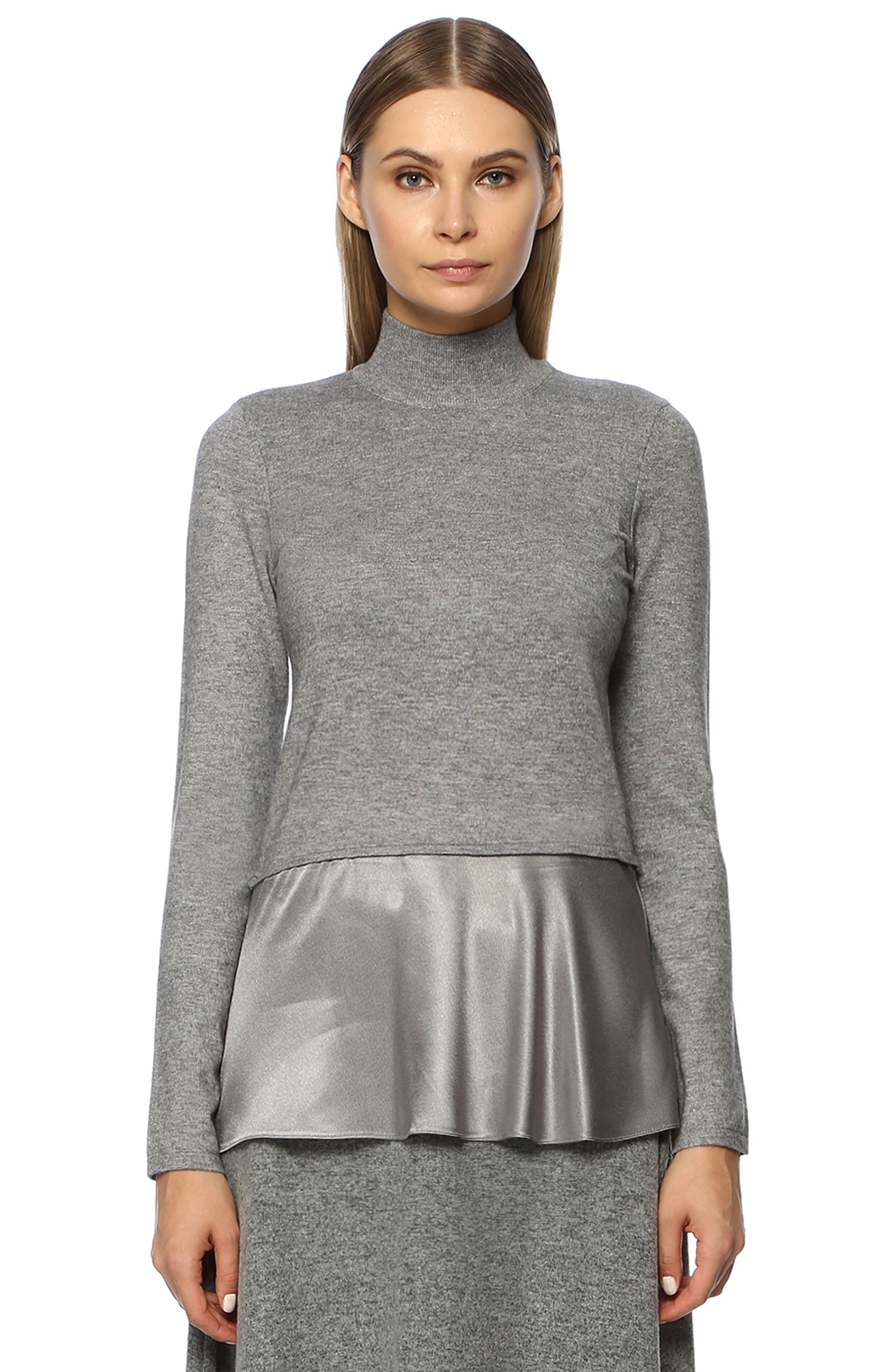 Etek Ucu Saten Garnili Gri Melanj Kazak Etek Ucu Saten Garnili Gri Melanj Kazak