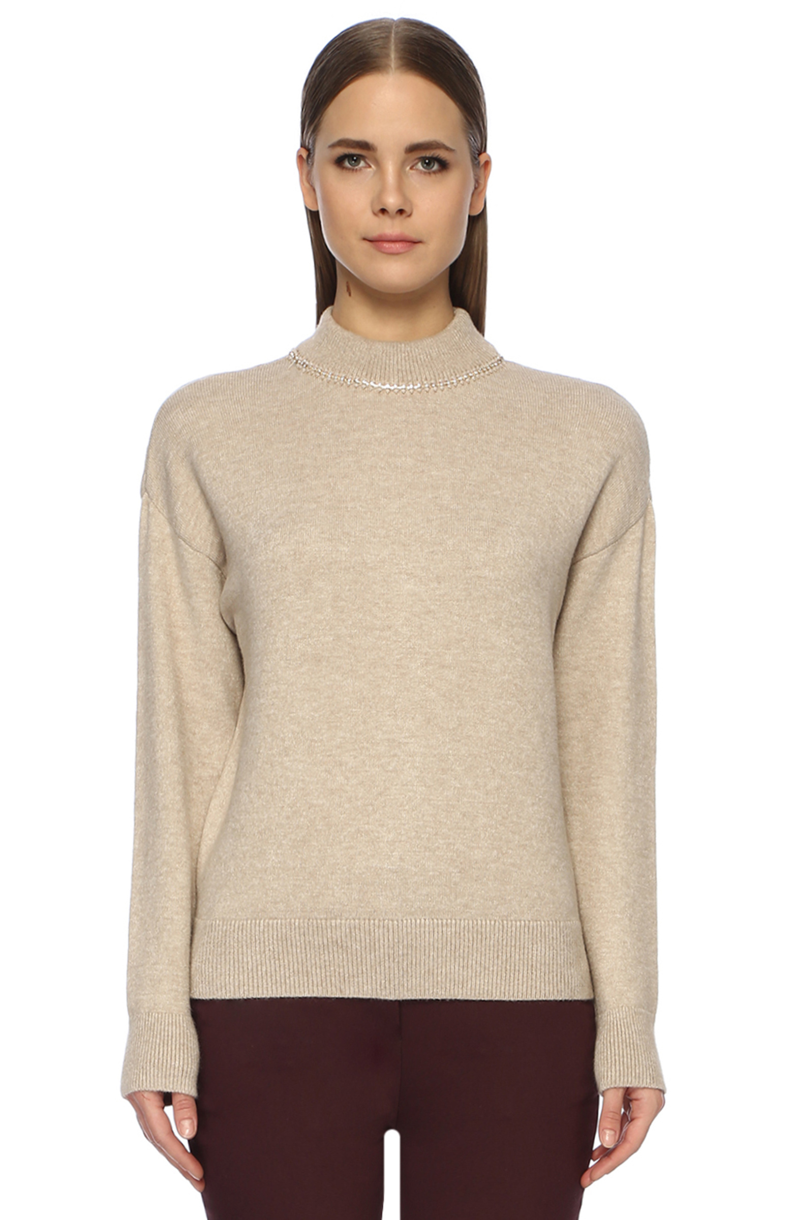 Yakası Taş Işlemeli Bej Melanj Kazak