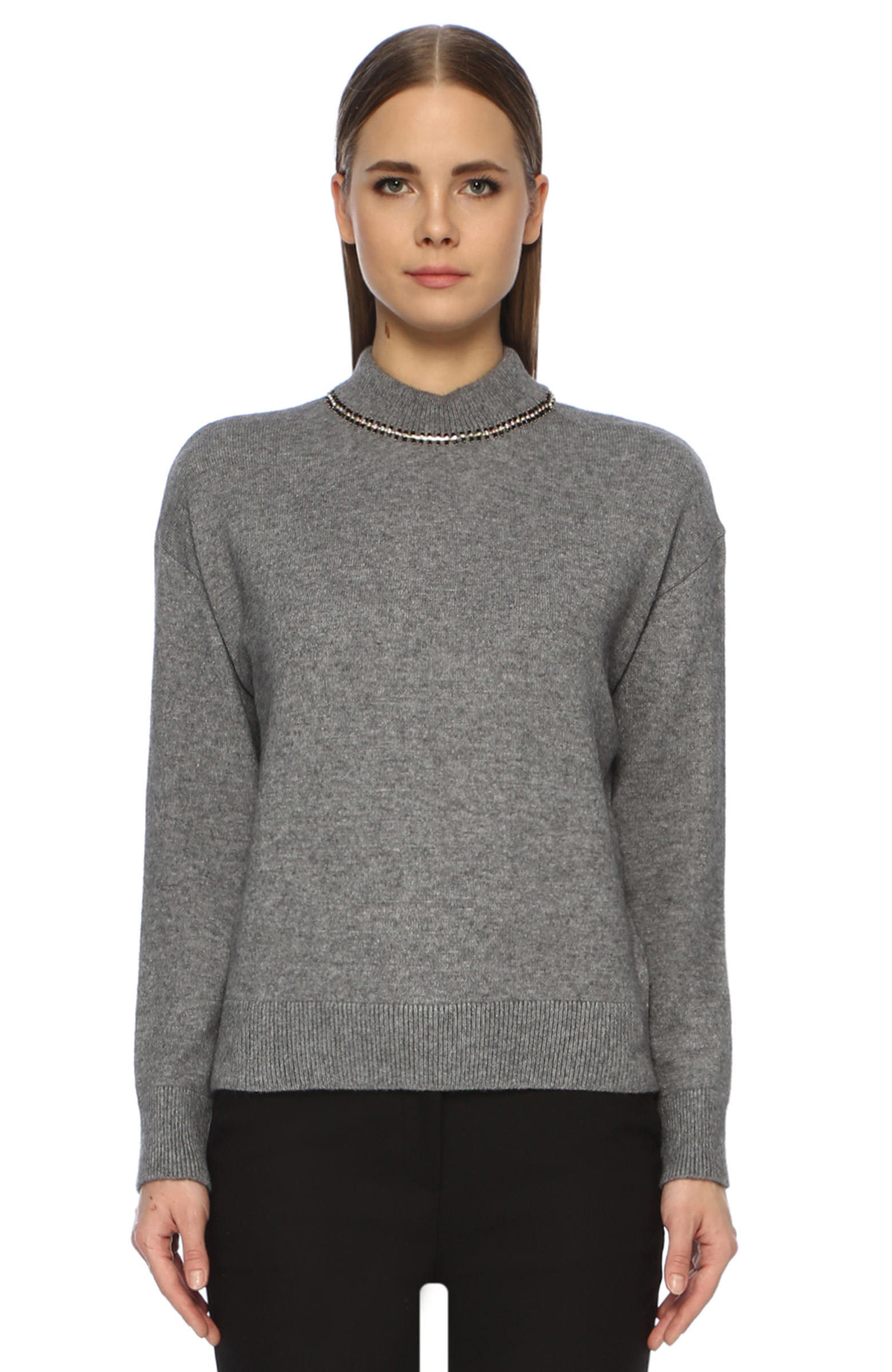 Yakası Taş Işlemeli Gri Melanj Kazak