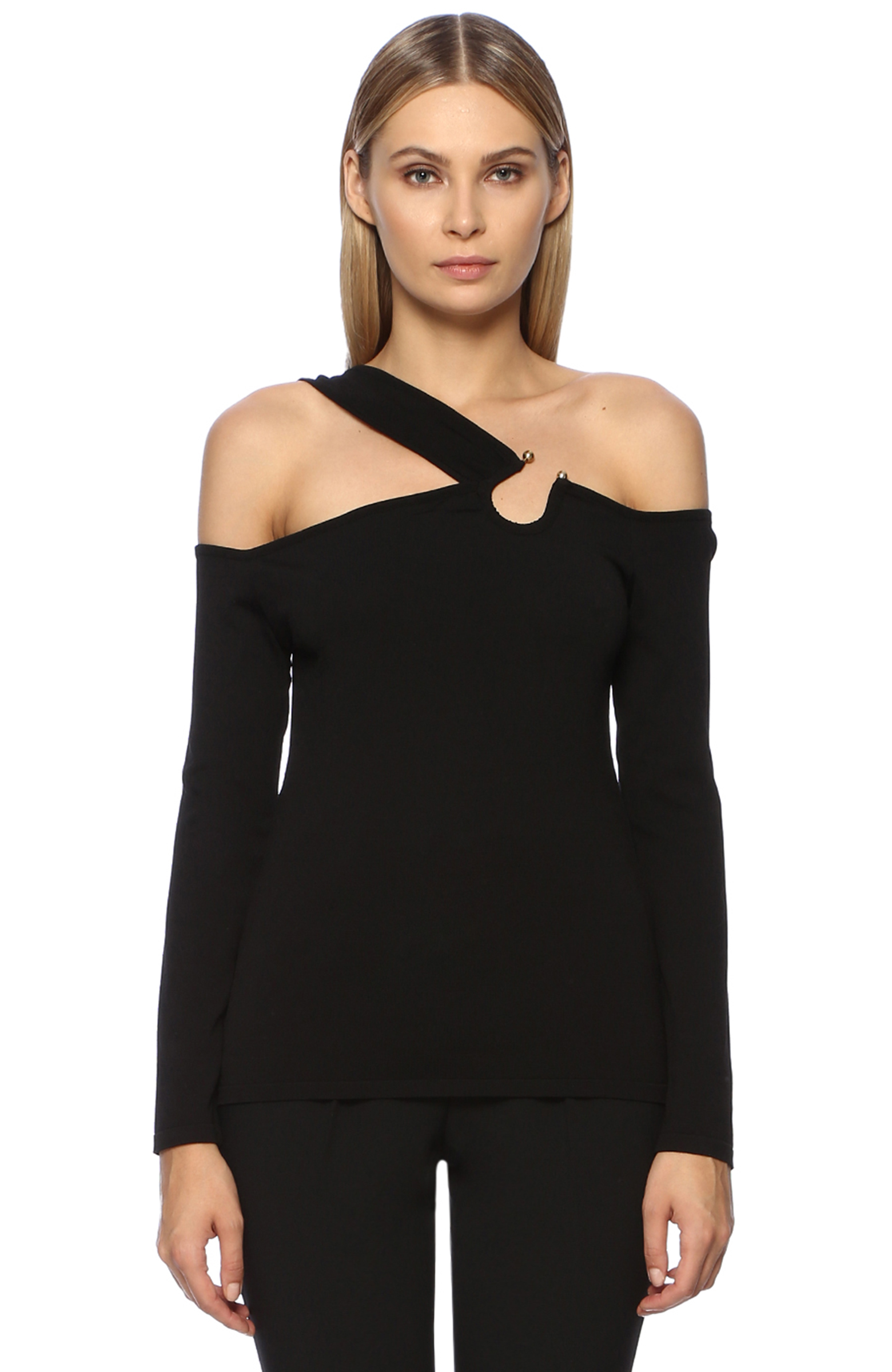 Omuz Detaylı Metal Aksesuarlı Siyah Kazak