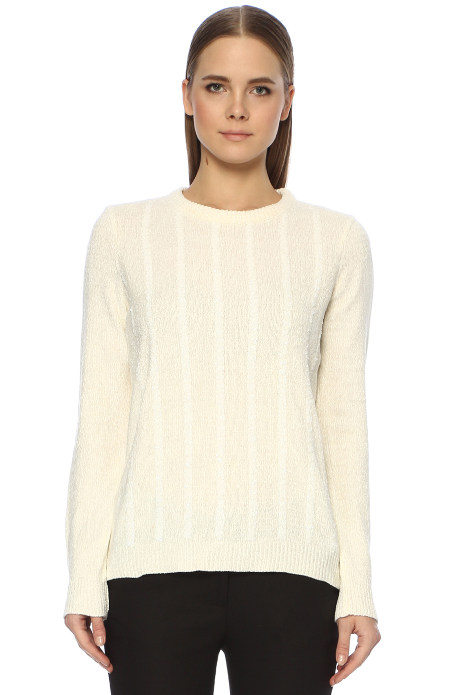 Boyuna Payet Işlemeli Ekru Kazak