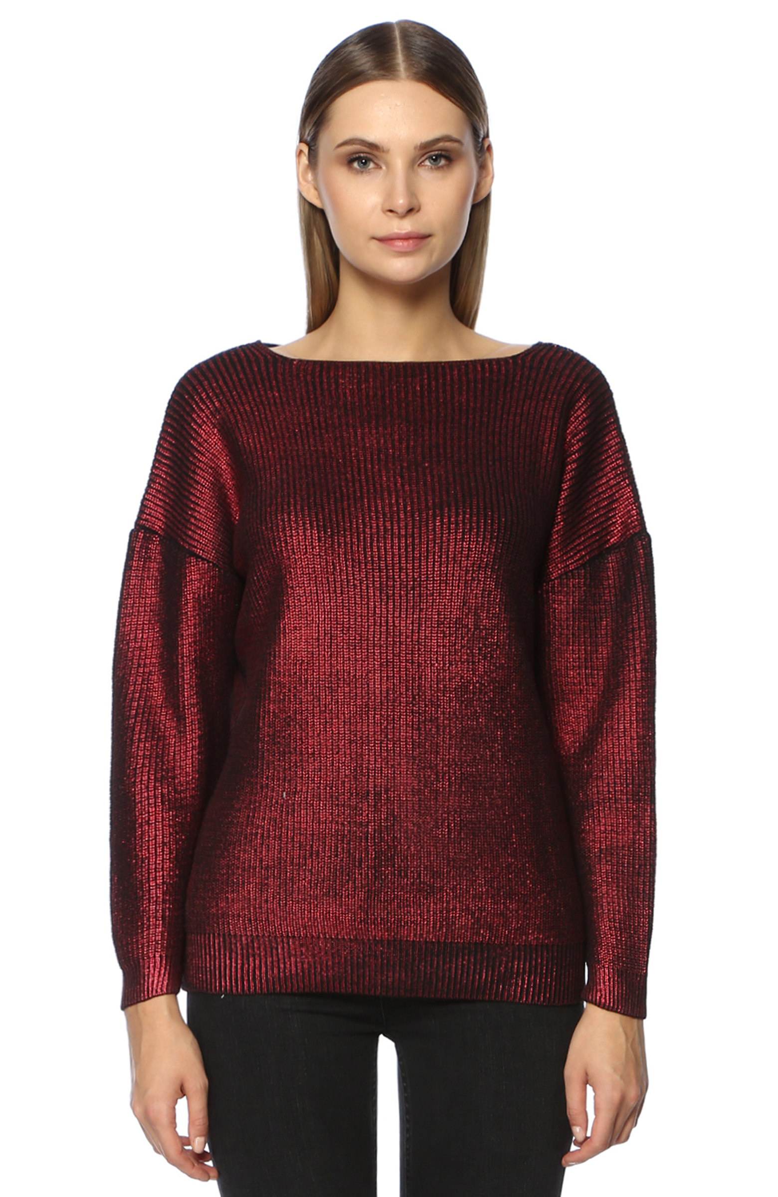 Varaklı Uzun Kol Kırmızı-Siyah Kazak