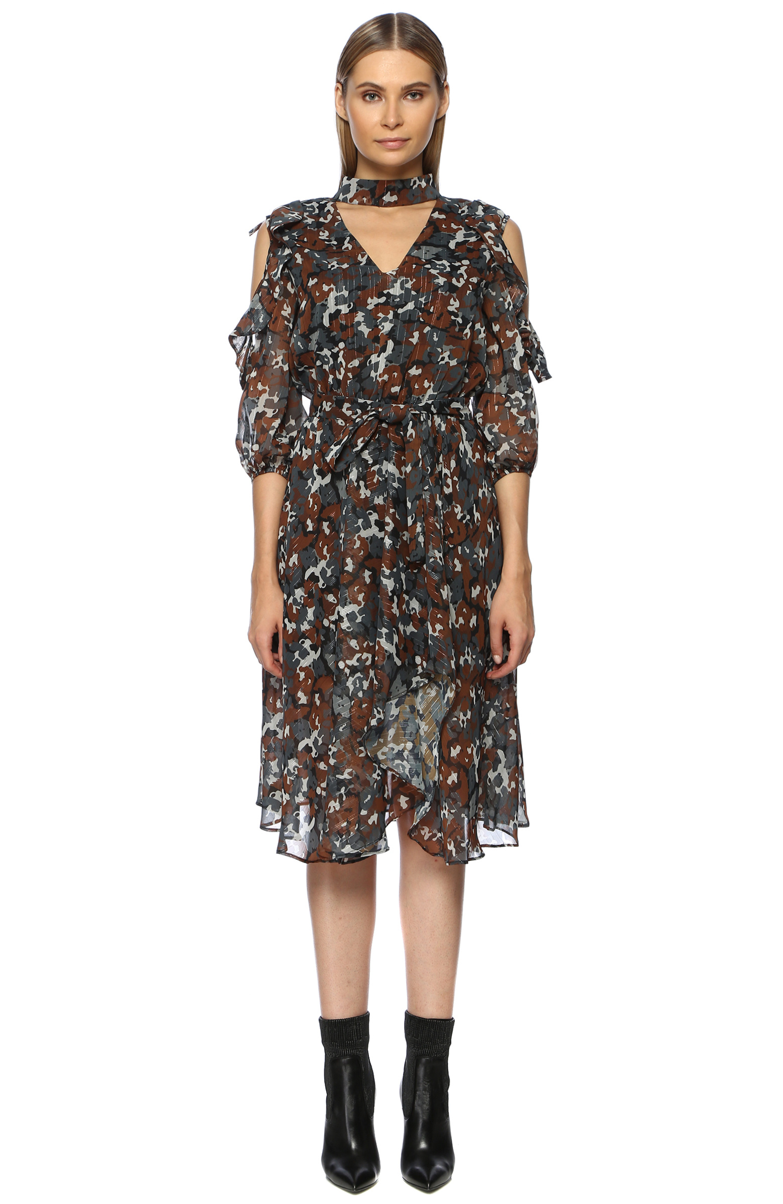 Diz Boy Siyah Gri Elbise