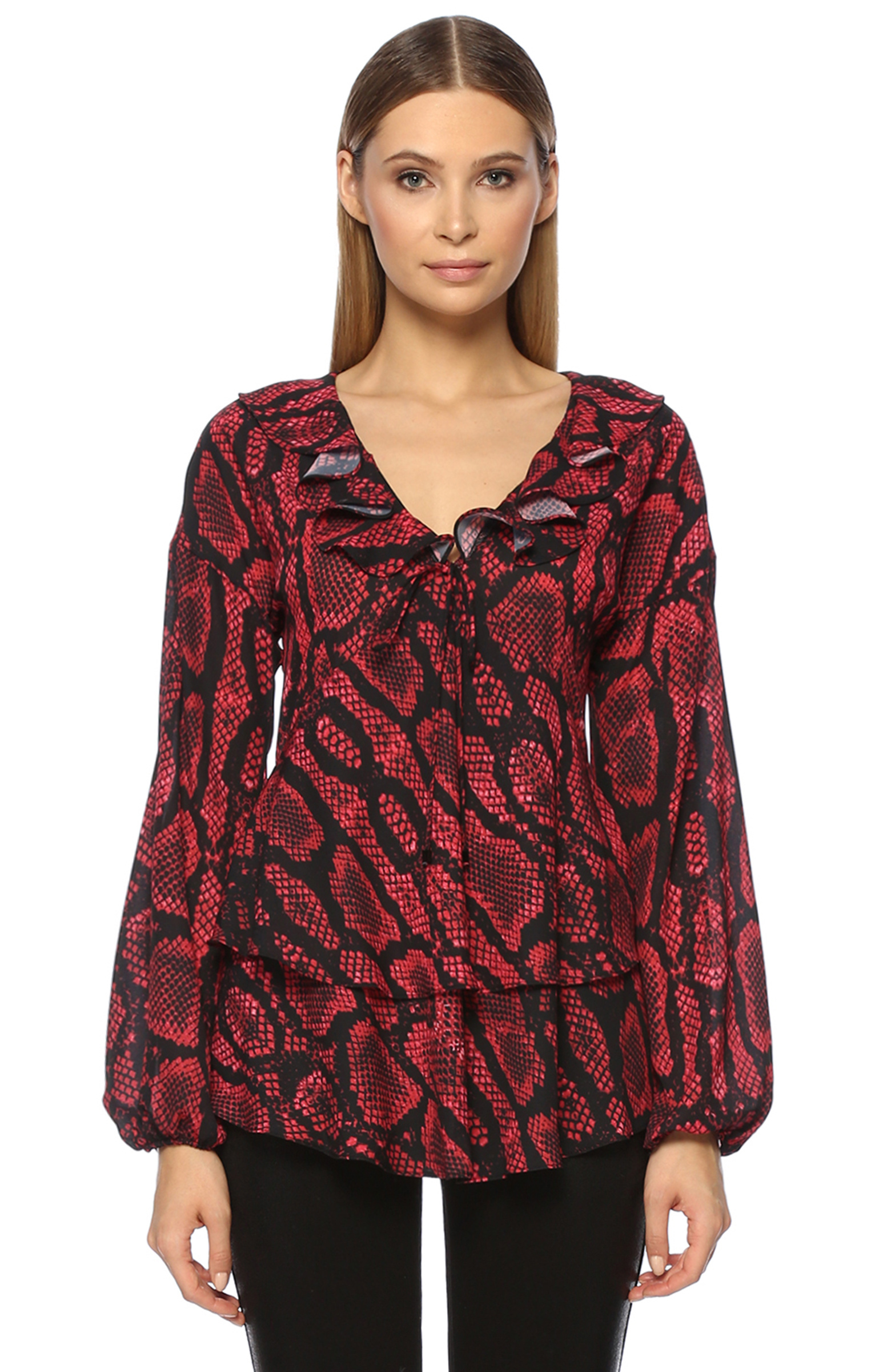 V Yaka Kırmızı-Siyah Bluz V Yaka Kırmızı-Siyah Bluz