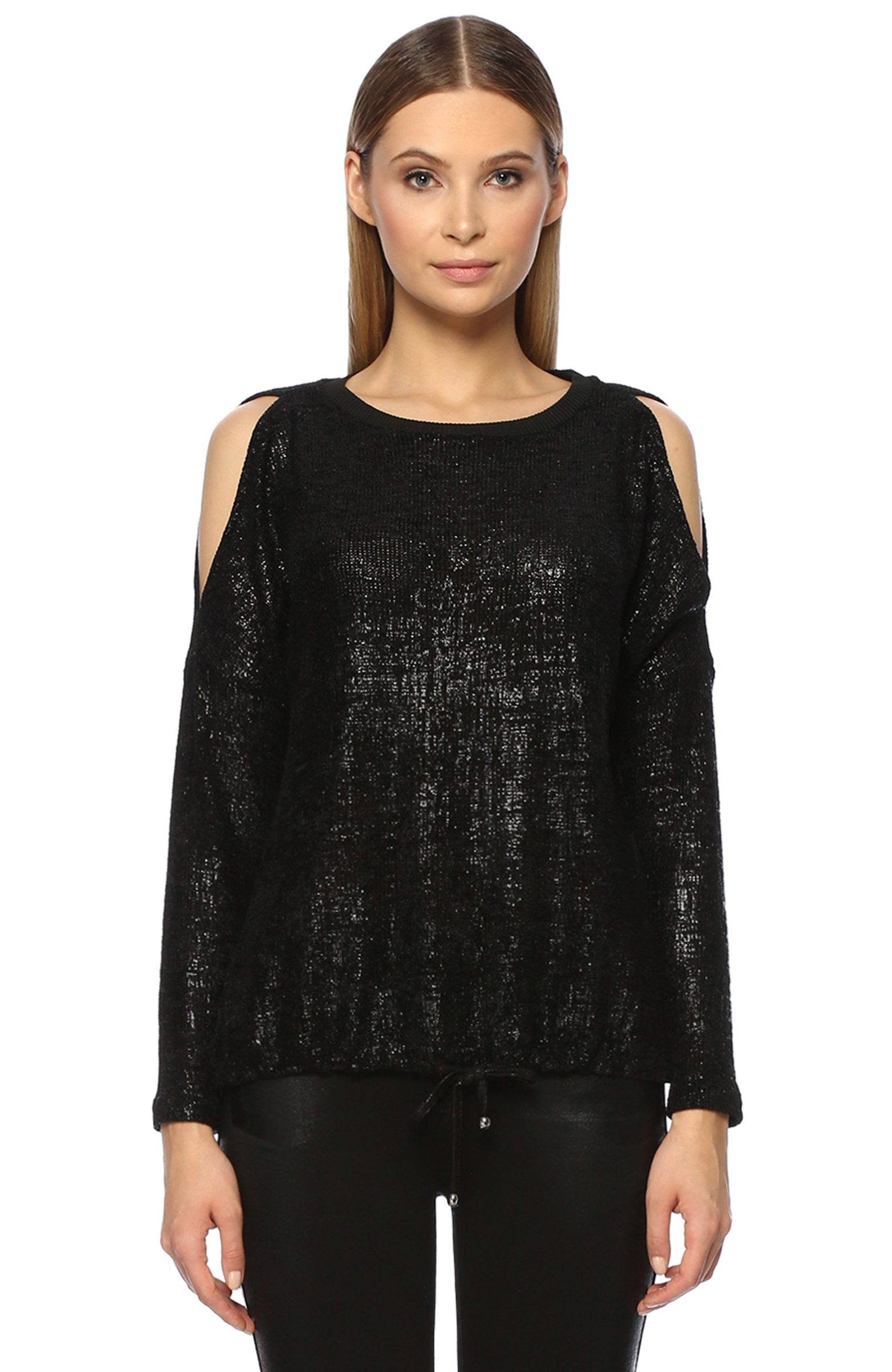 Varaklı Uzun Kol Siyah Tshirt