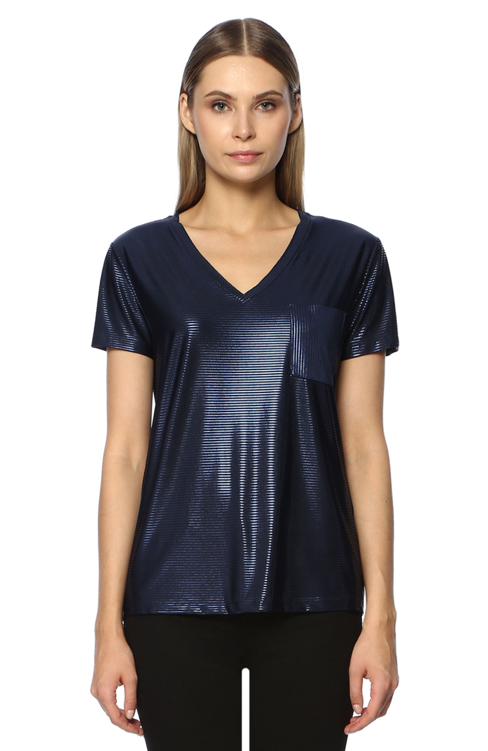 Indigo V Yaka Çizgili T-Shirt