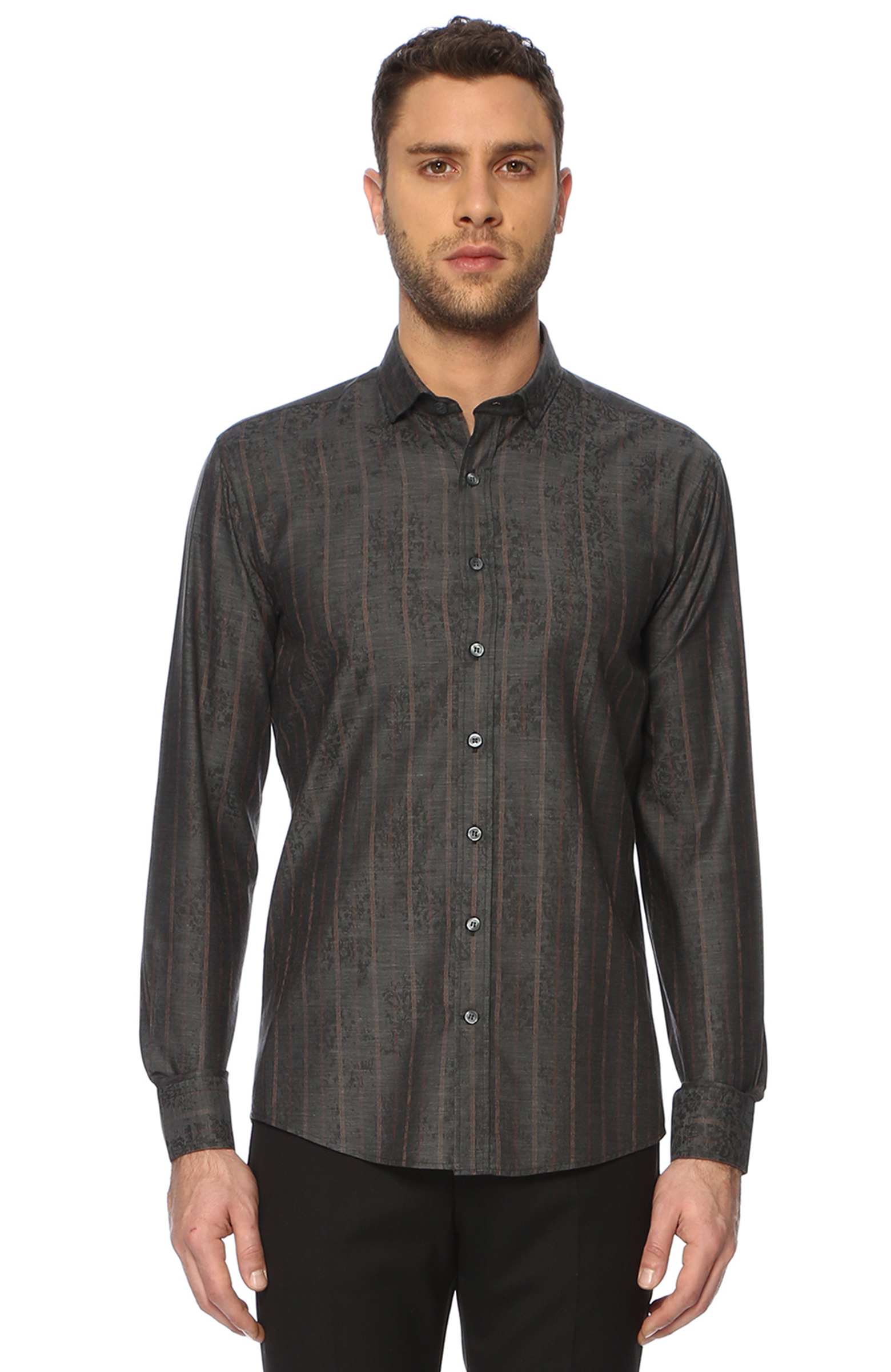 Jakarlı Slim Fit Gri Gömlek Jakarlı Slim Fit Gri Gömlek