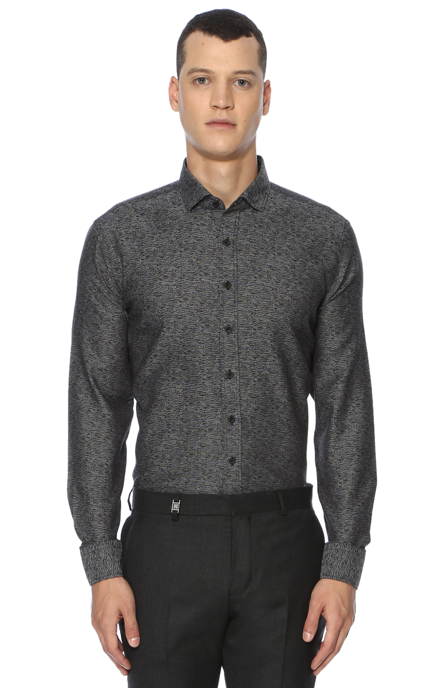 Jakarlı Slim Fit Siyah Gri Gömlek Jakarlı Slim Fit Siyah Gri Gömlek