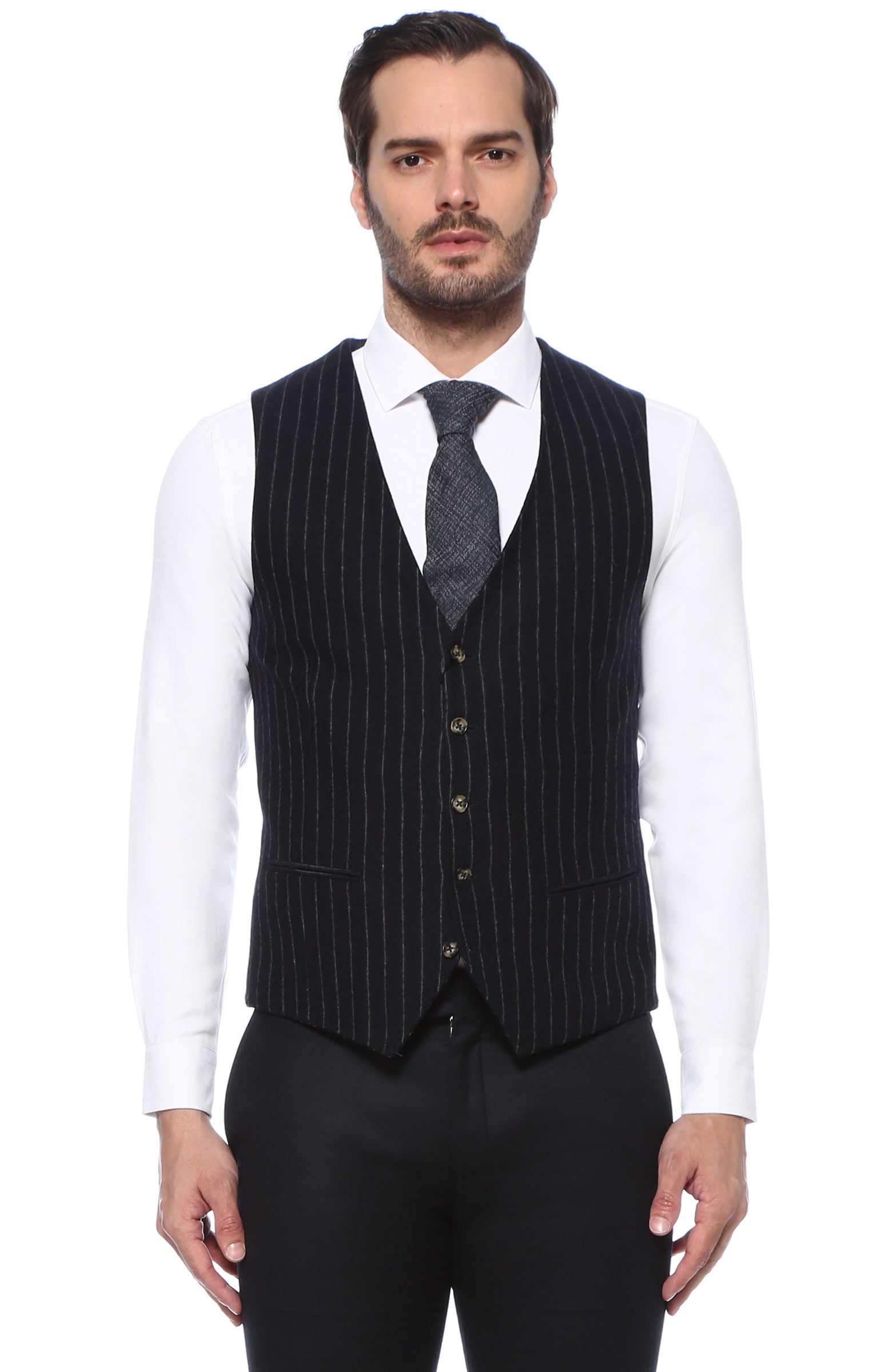 Drop 6 Slim Fit Lacivert Çizgili Yün Yelek Drop 6 Slim Fit Lacivert Çizgili Yün Yelek