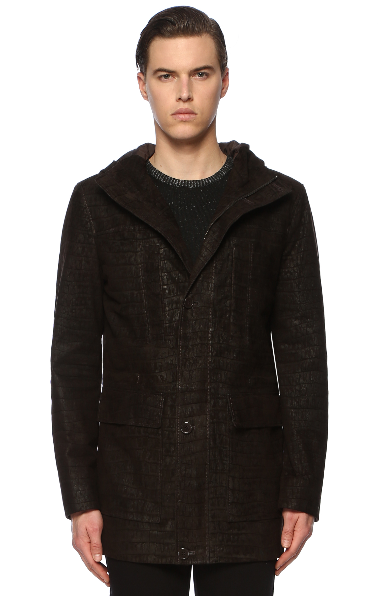 Kapüşonlu Yaka Kahverengi Deri Kaban Kapüşonlu Yaka Kahverengi Deri Kaban