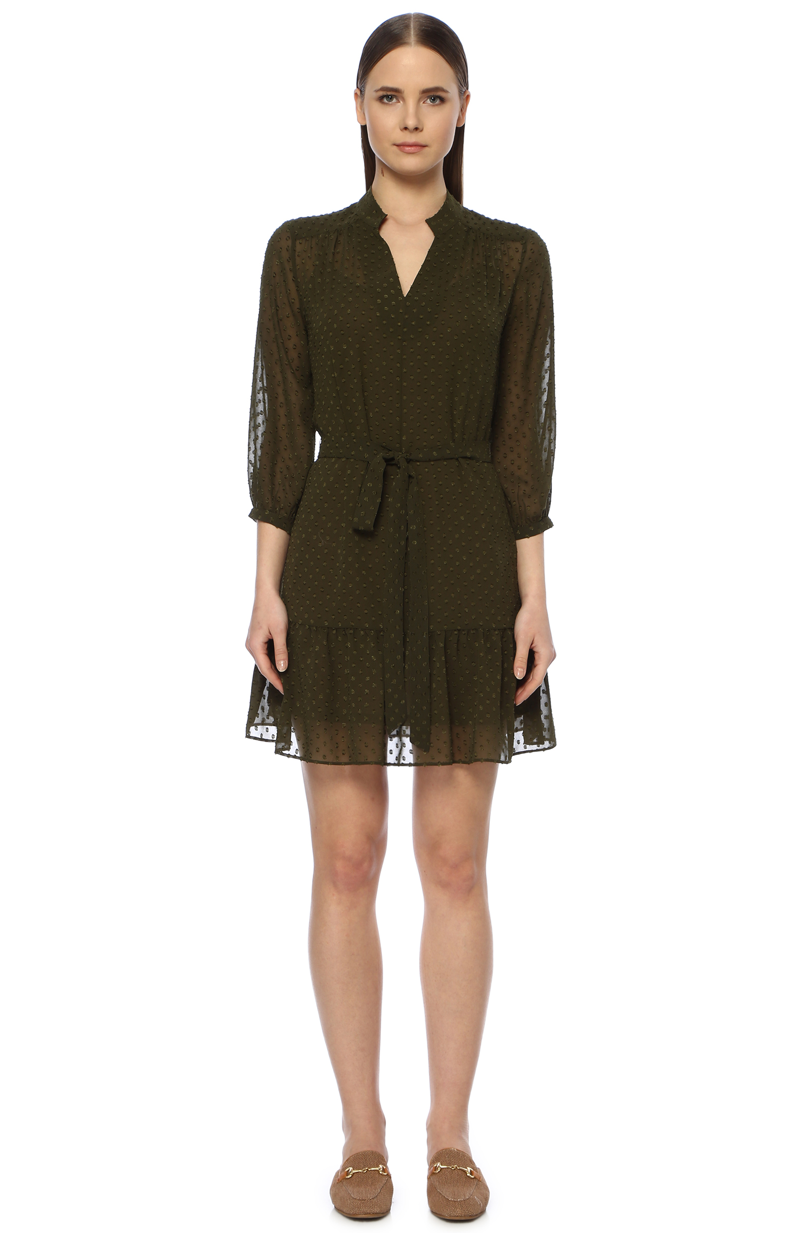 Haki Dik Yaka Nopeli Mini Elbise