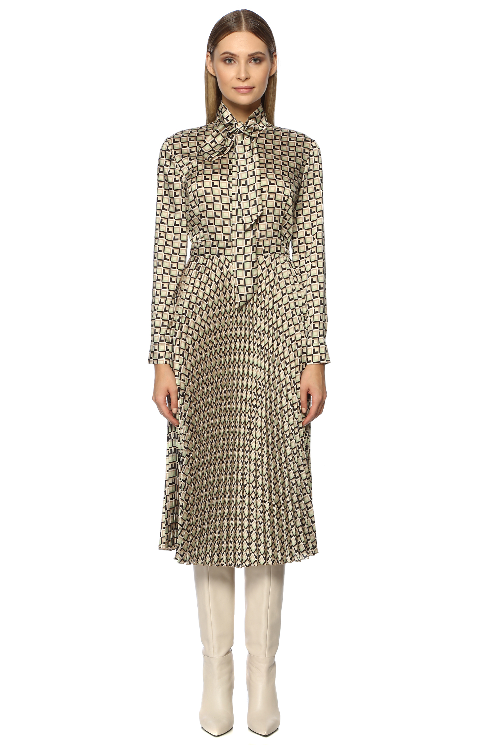 Midi Boy Yeşil Kareli Pilise Elbise