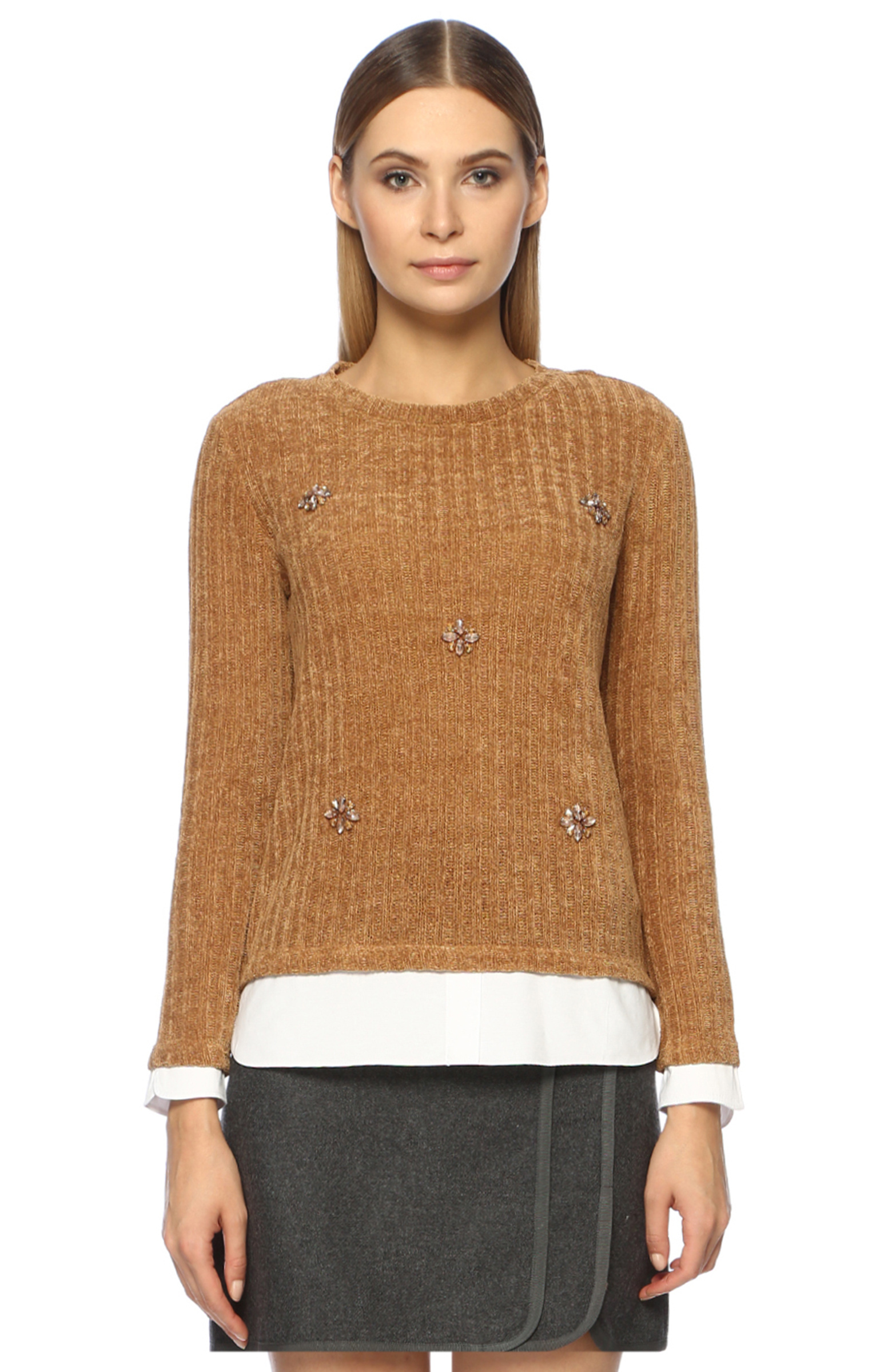 Taş Işlemeli Ribana Örgülü Penye Camel Tshirt