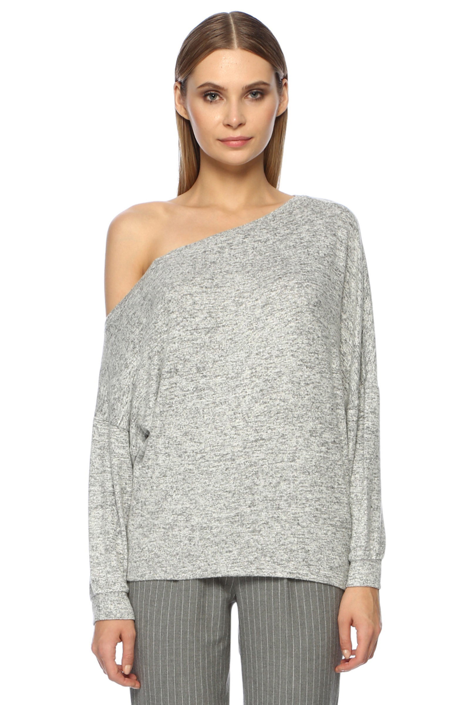 Bol Form Kayık Yaka Penye Gri Melanj Tshirt