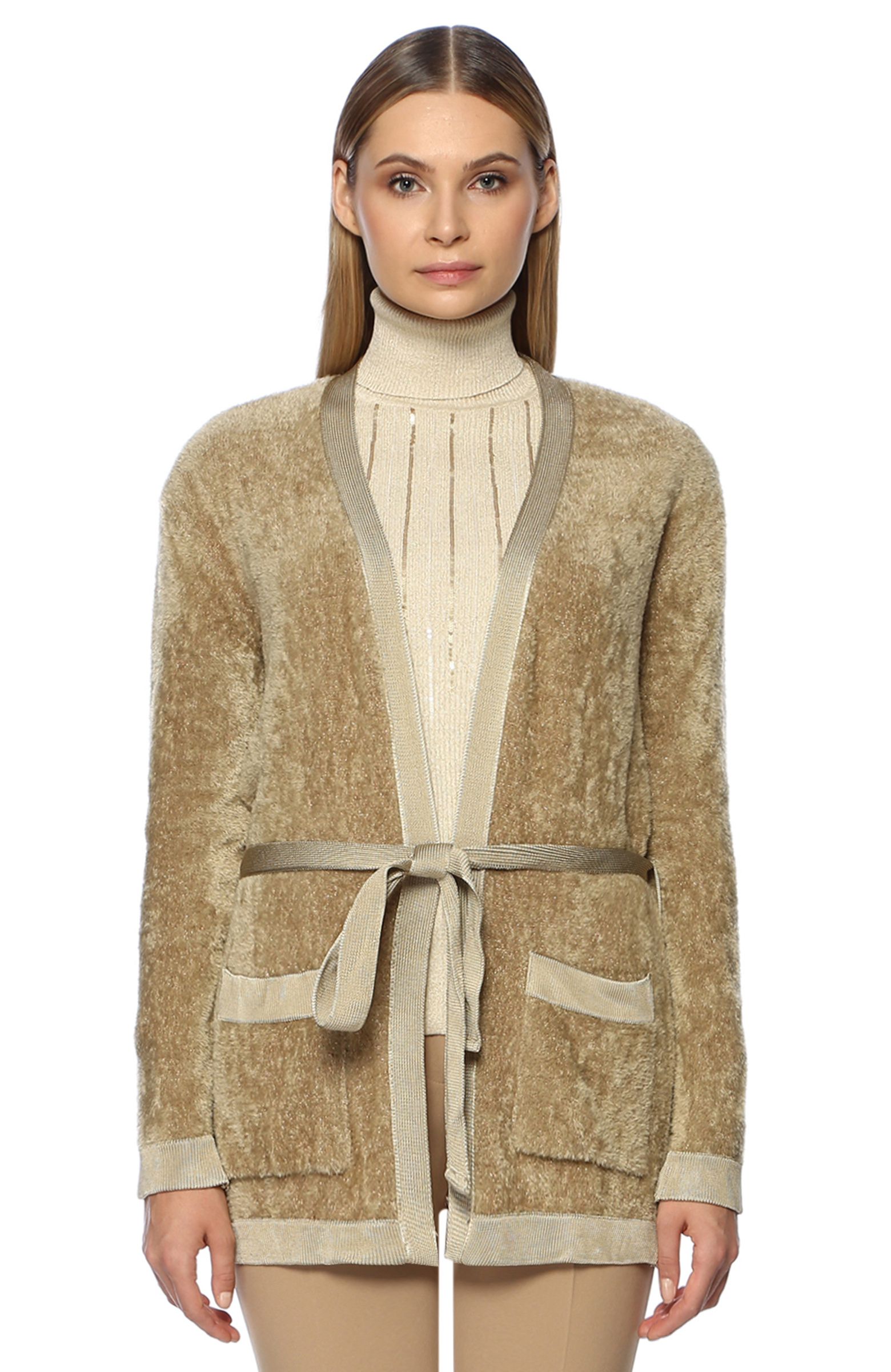 Simli Şönil Örgülü Camel Hırka