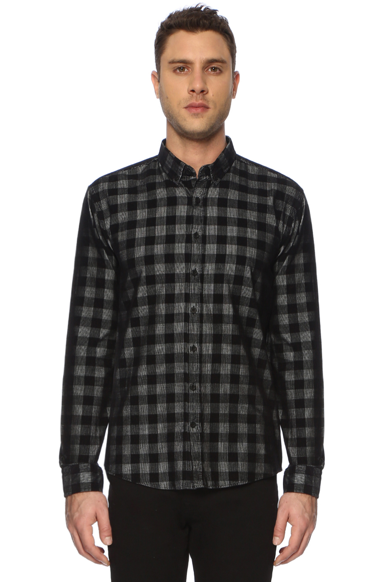 Ekose Uzun Kol Siyah Gömlek