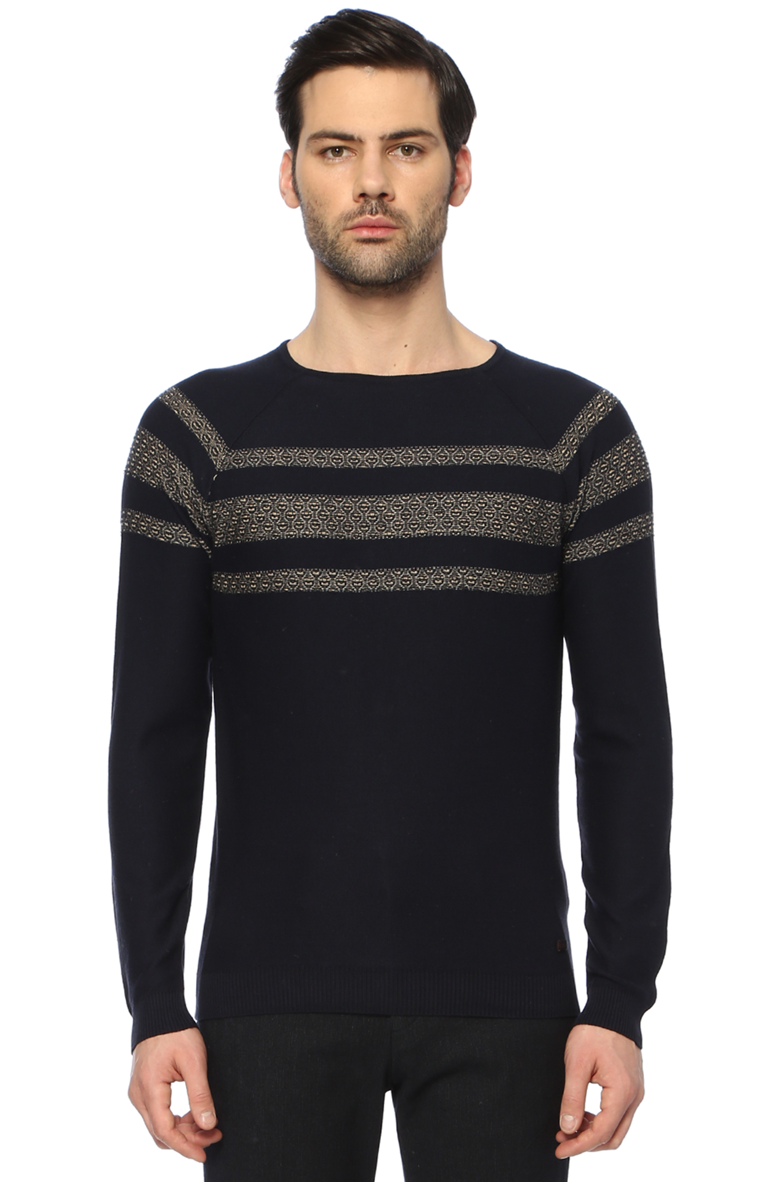 Jakarlı Lacivert-camel Kazak