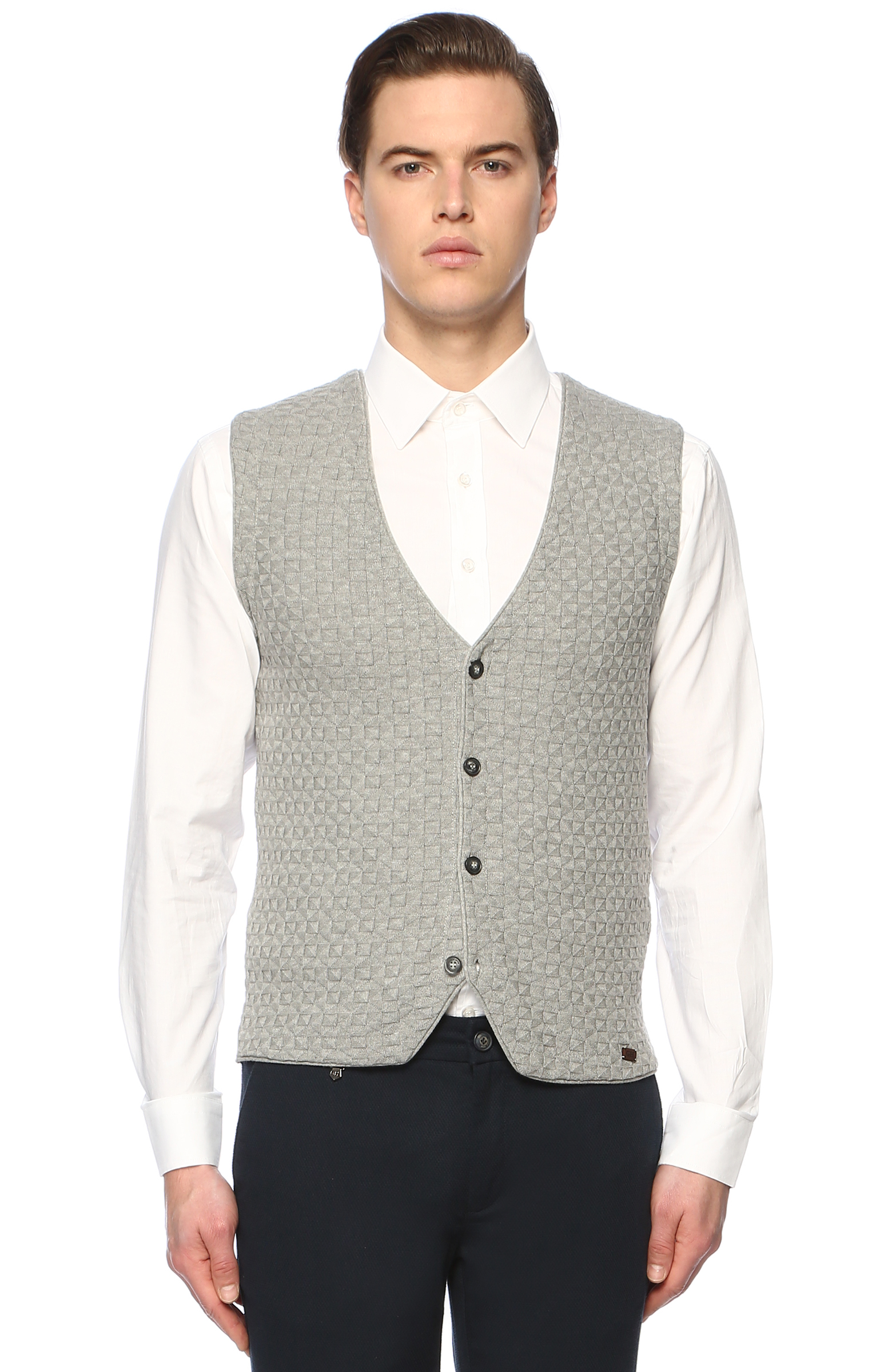 Jakarlı Gri Melanj Yelek